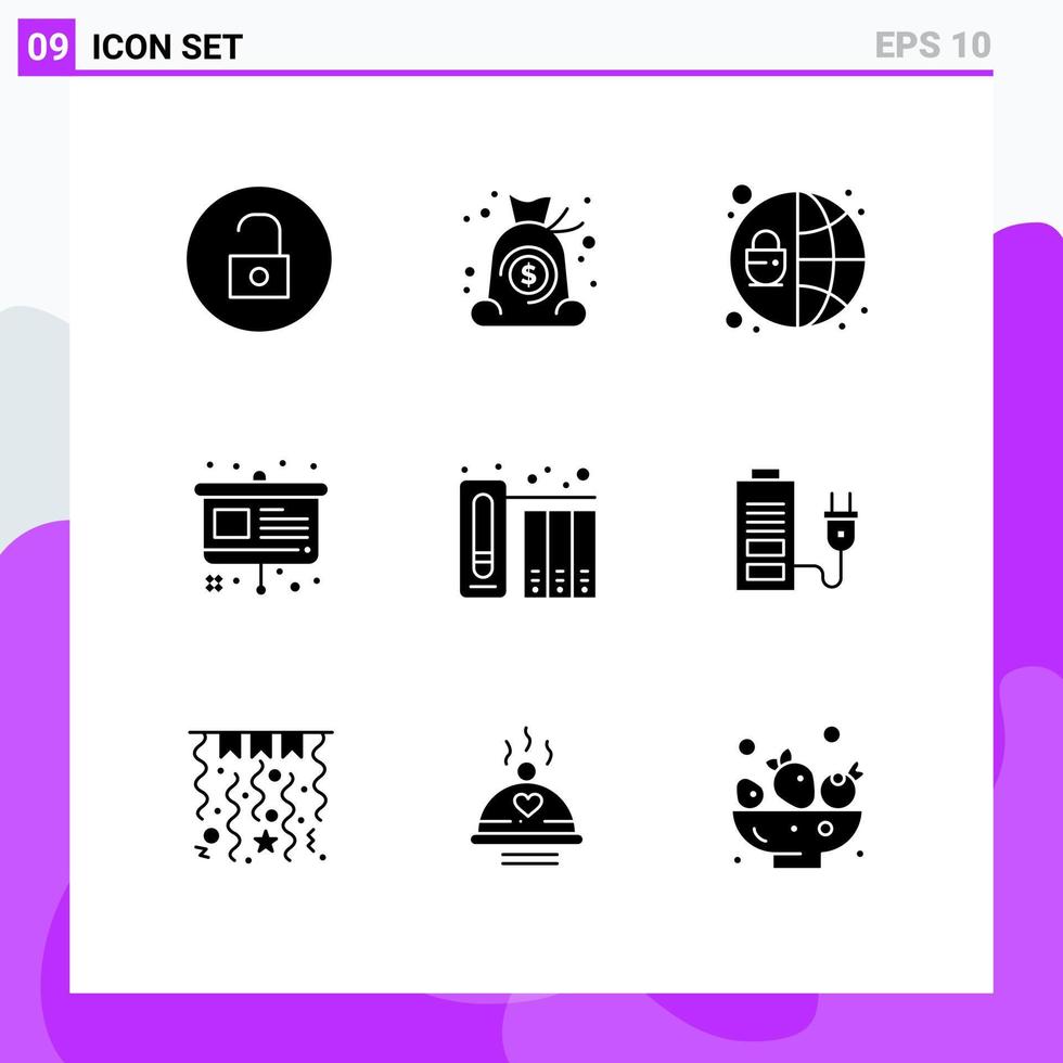 9 Thematic Vector Solid Glyphs And Editable Symbols Of Files Data Network Presentation Chart