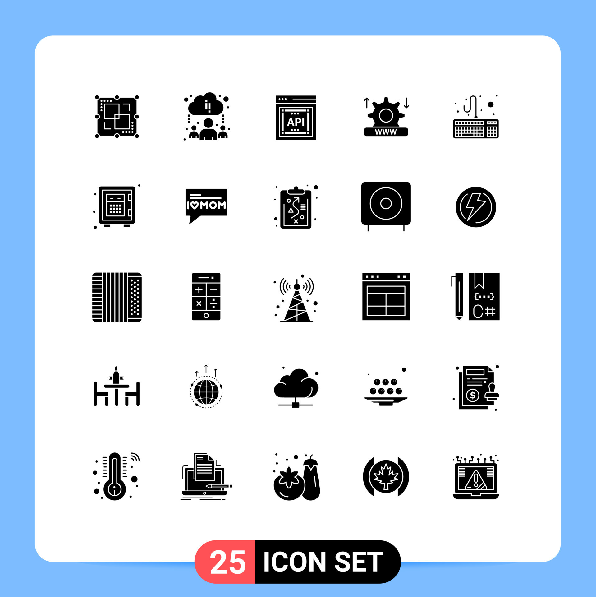 25 Universal Solid Glyphs Set For Web And Mobile Applications Keyboard Computer Api Concept