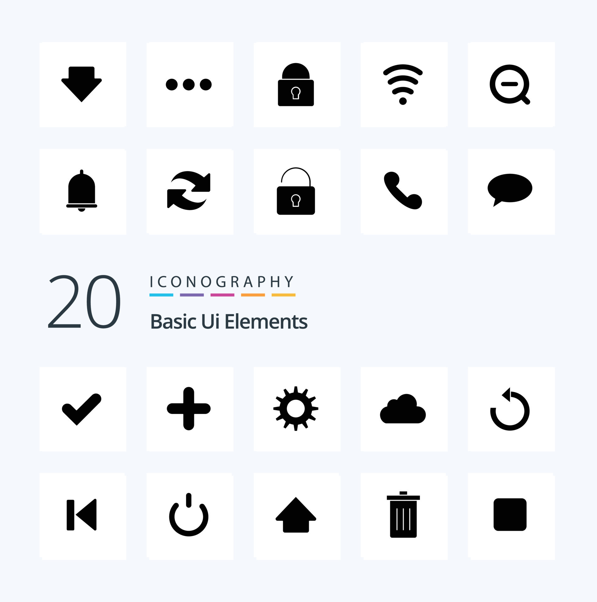 20 Basic Ui Elements Solid Glyph icon Pack like downlod arrow cog cloudy data 19746726 Vector ...