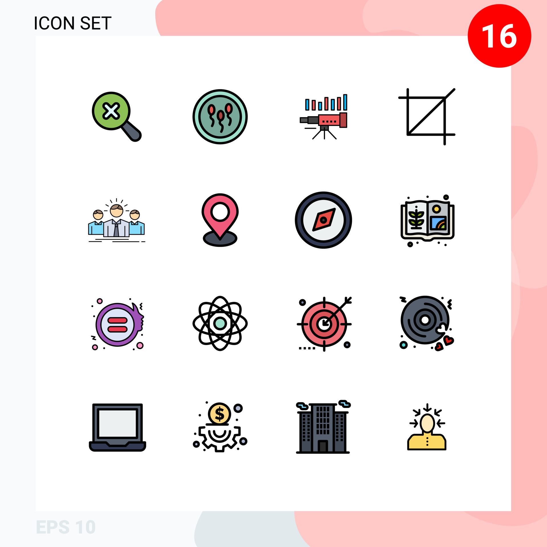Set Of 16 Vector Flat Color Filled Lines On Grid For Symbols Crop