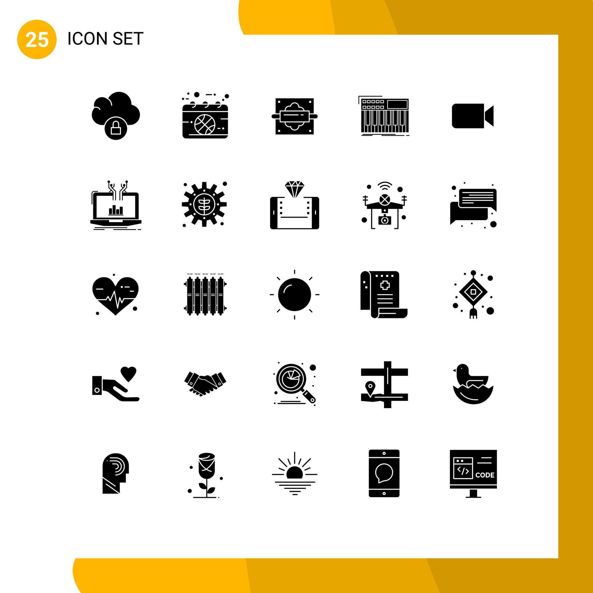 Universal Icon Symbols Group Of 25 Modern Solid Glyphs Of Camera Synthesiser Rolling Midi Synth