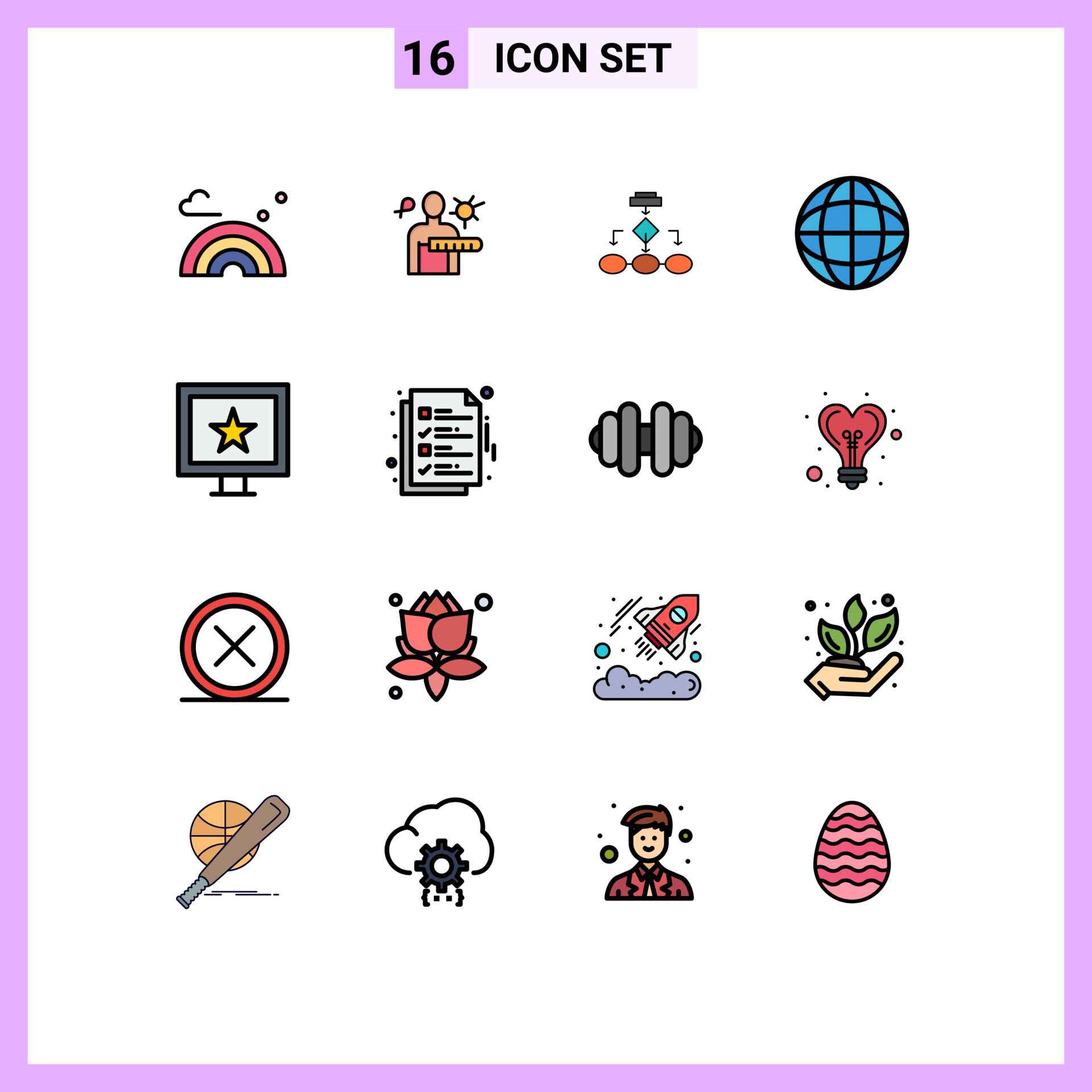 16 Universal Flat Color Filled Lines Set For Web And Mobile