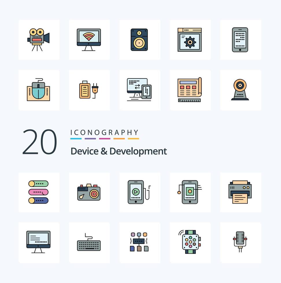 20 Device And Development Line Filled Color icon Pack like print network music hardware mobile ...
