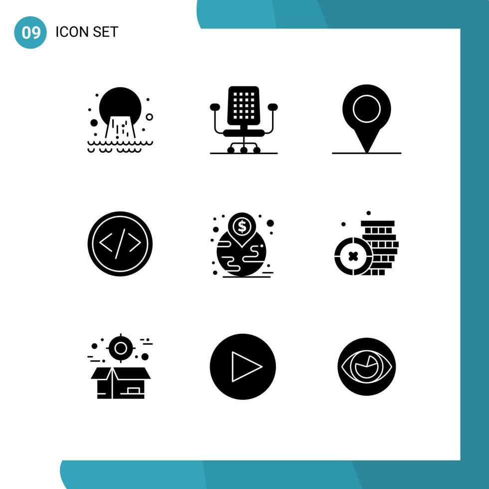 Pictogram Set of 9 Simple Solid Glyphs of landmark financial location web development Editable ...