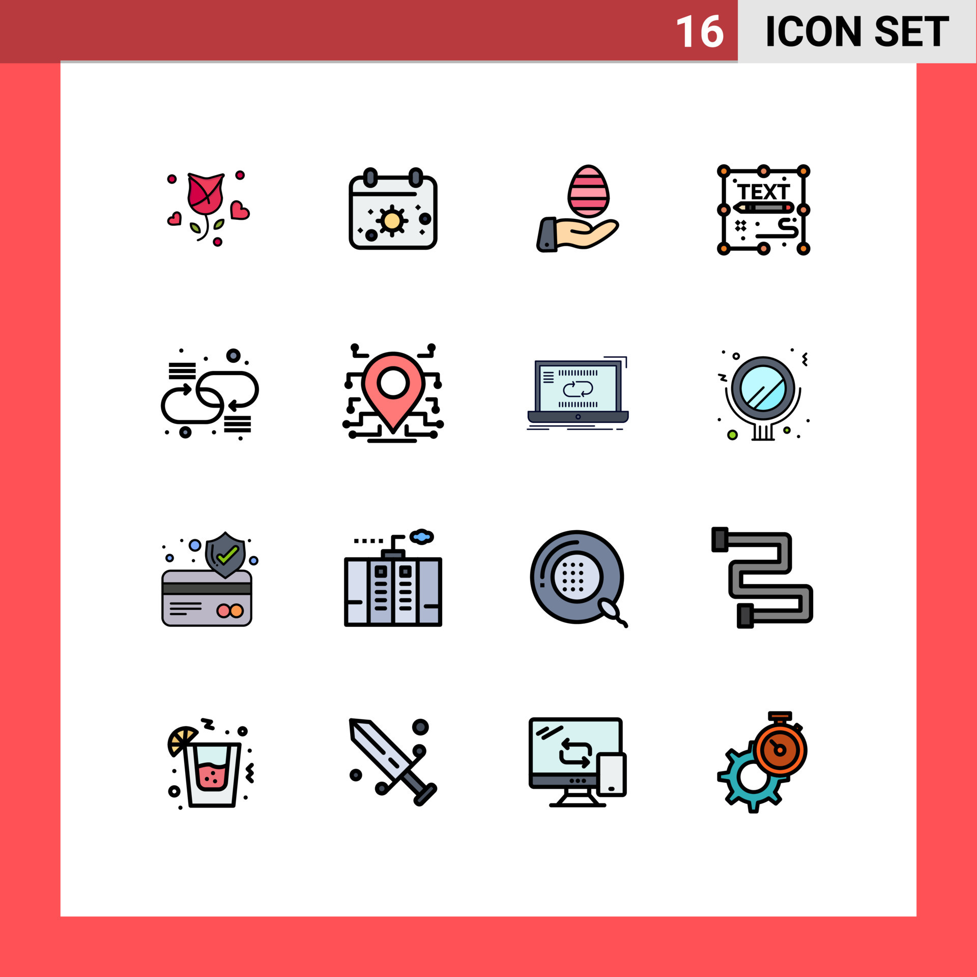 Set Of 16 Vector Flat Color Filled Lines On Grid For Write Document Sun