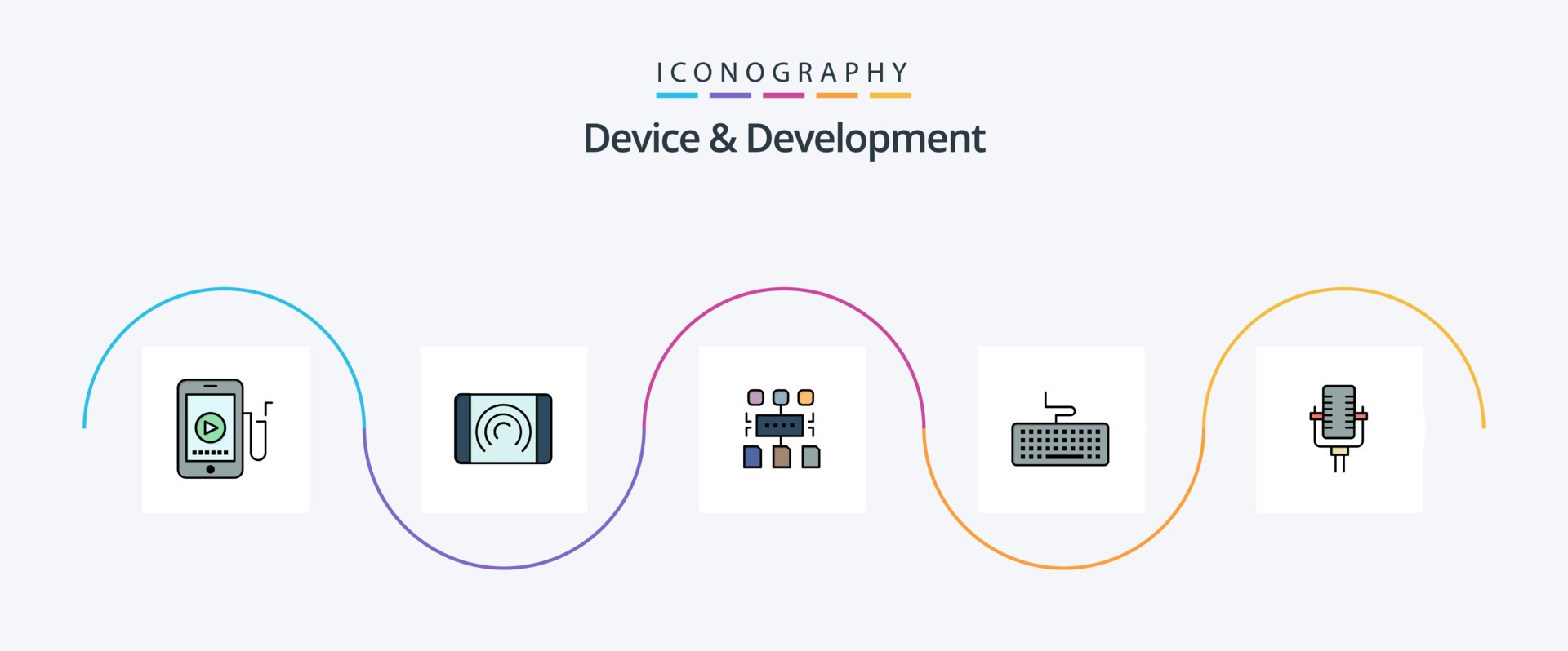 Device And Development Line Filled Flat 5 Icon Pack Including Multimedia Education Algorithm