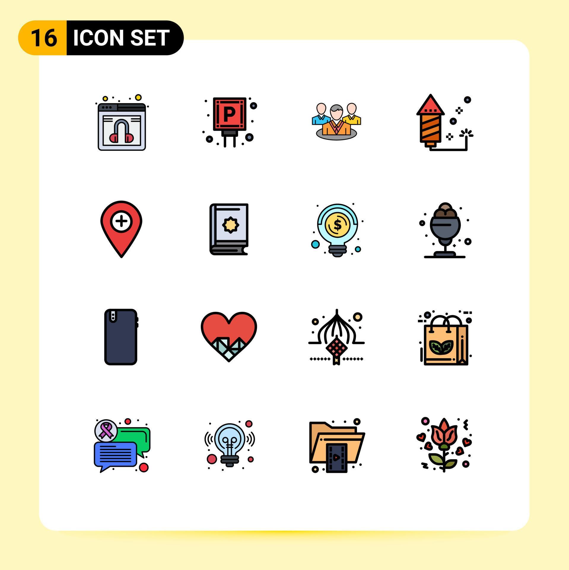 16 Universal Flat Color Filled Lines Set For Web And Mobile Applications Location Holiday Group