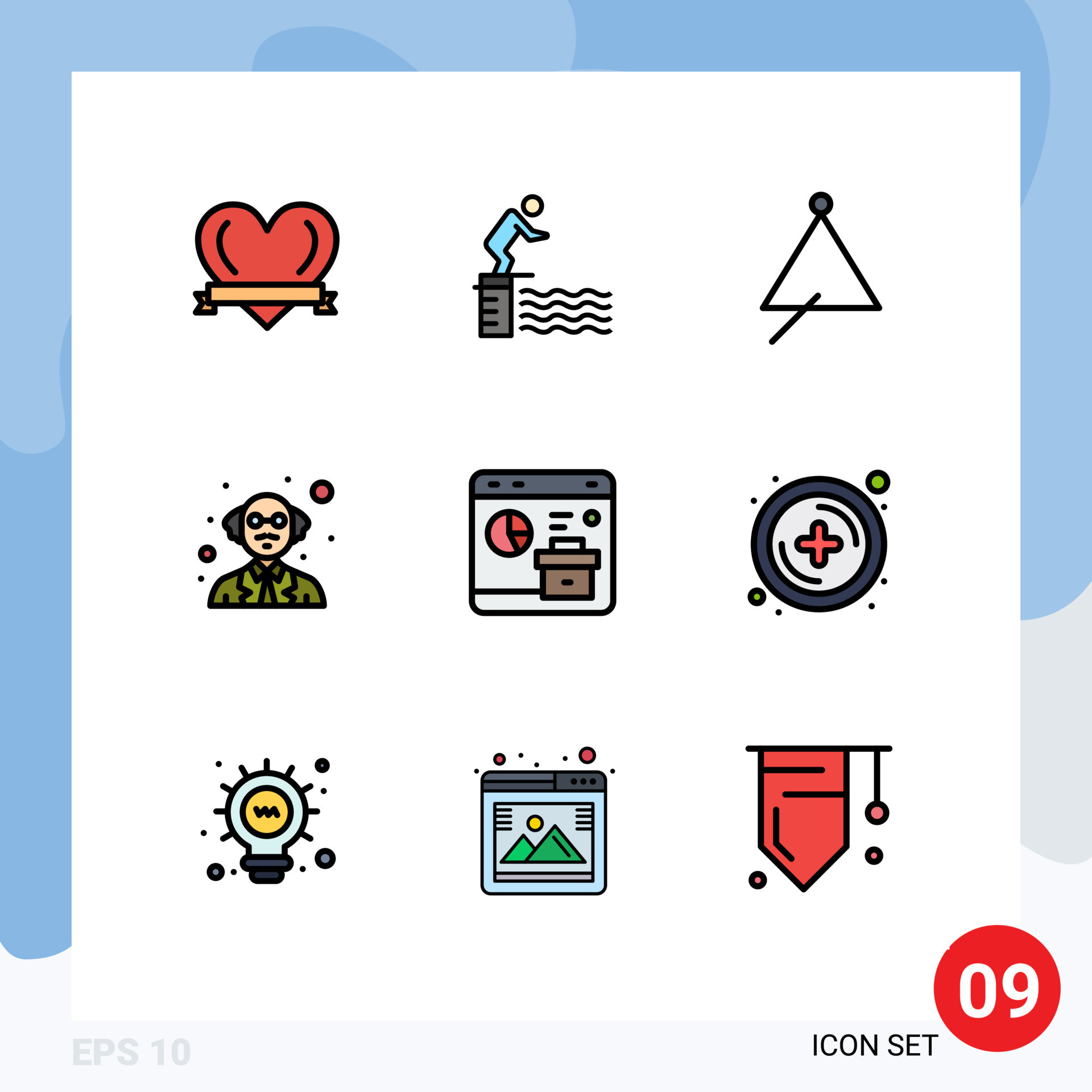 Set Of 9 Vector Filledline Flat Colors On Grid For Business Science Audio Professor Triangle