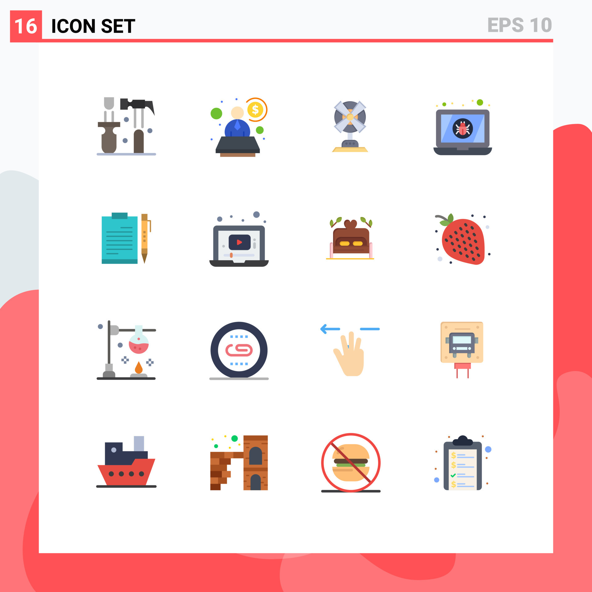 16 User Interface Flat Color Pack Of Modern Signs And Symbols Of Clipboard Document Fan Virus