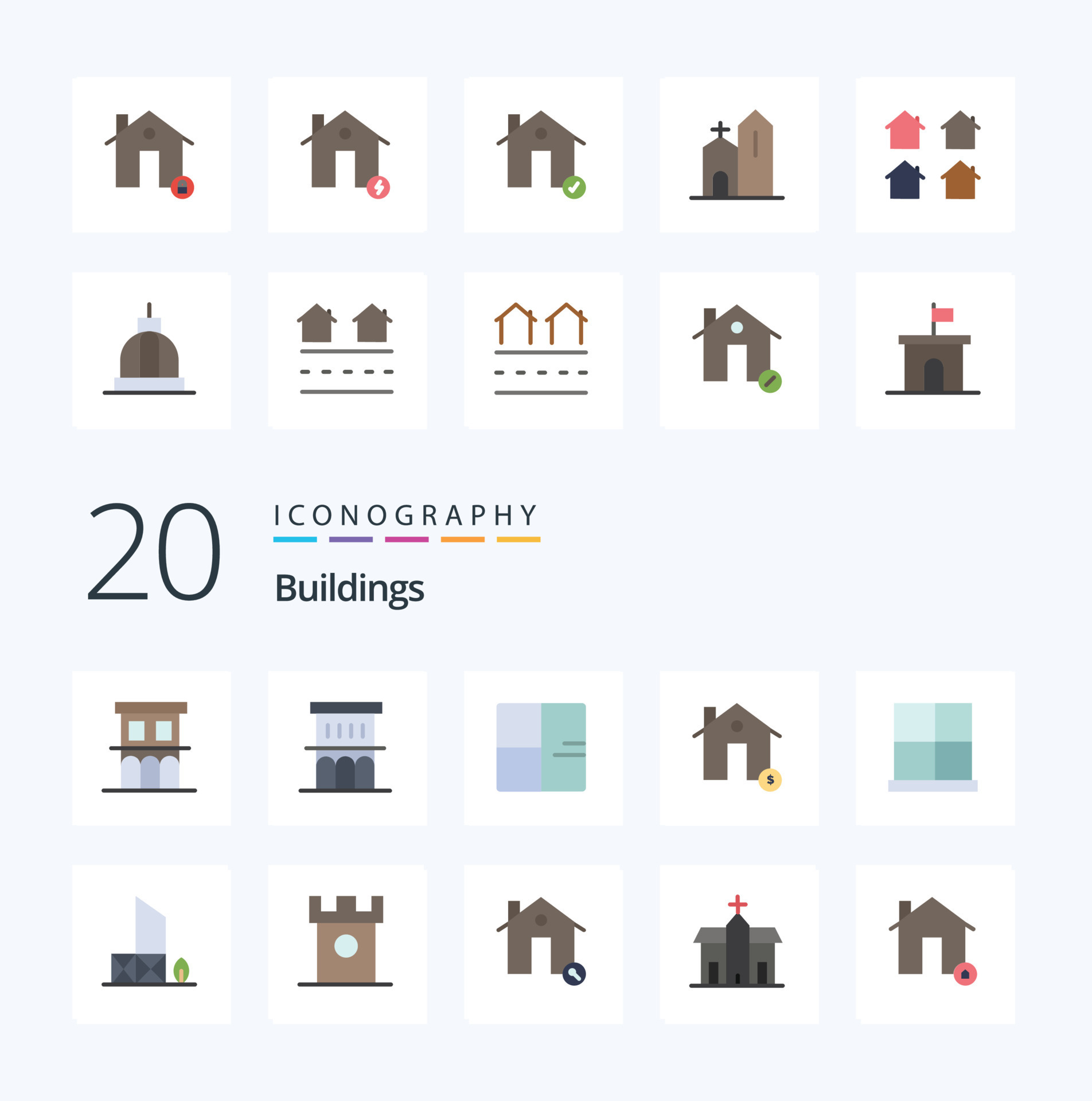 20 Buildings Flat Color icon Pack like gate buildings map house dollar ...