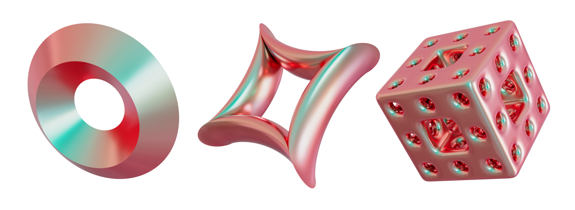 Set of 3d geometric shapes, on transparent background. Metallic holographic color. Trendy and ...