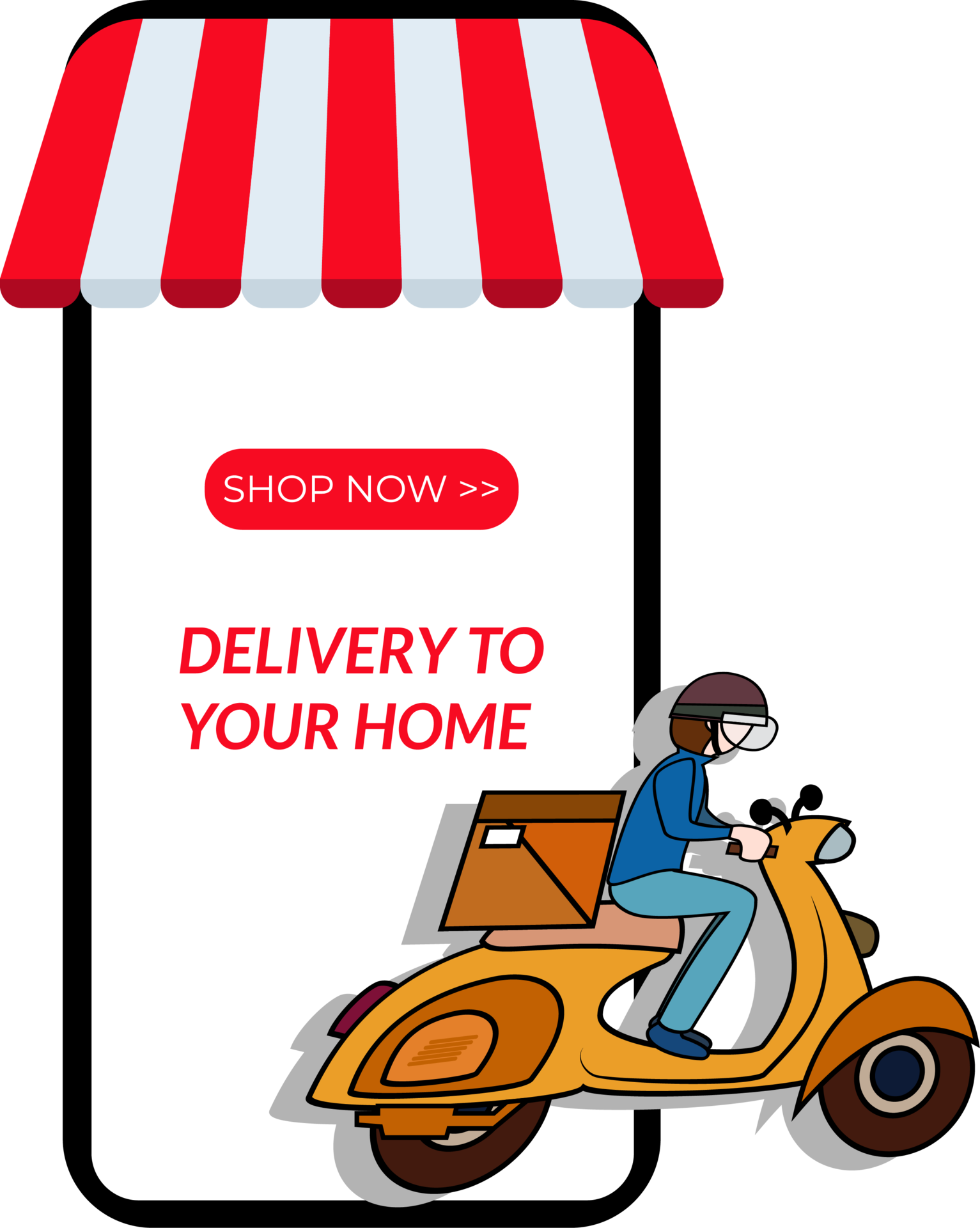 ilustración de un entrega hombre conducción un scooter fuera de el teléfono. hogar entrega ...