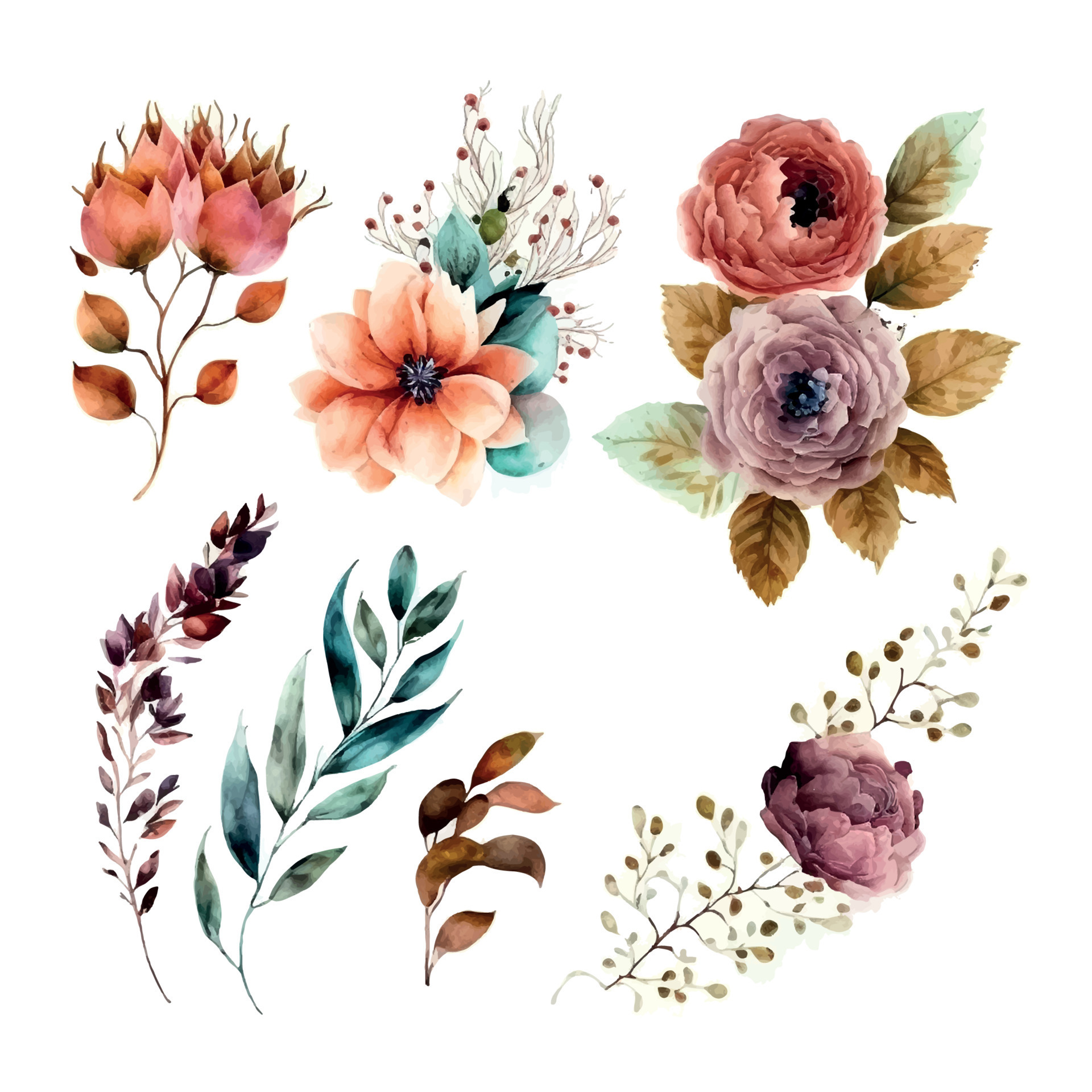 Watercolor Floral Bouquet Illustration Set Mothers Day Blush Pink