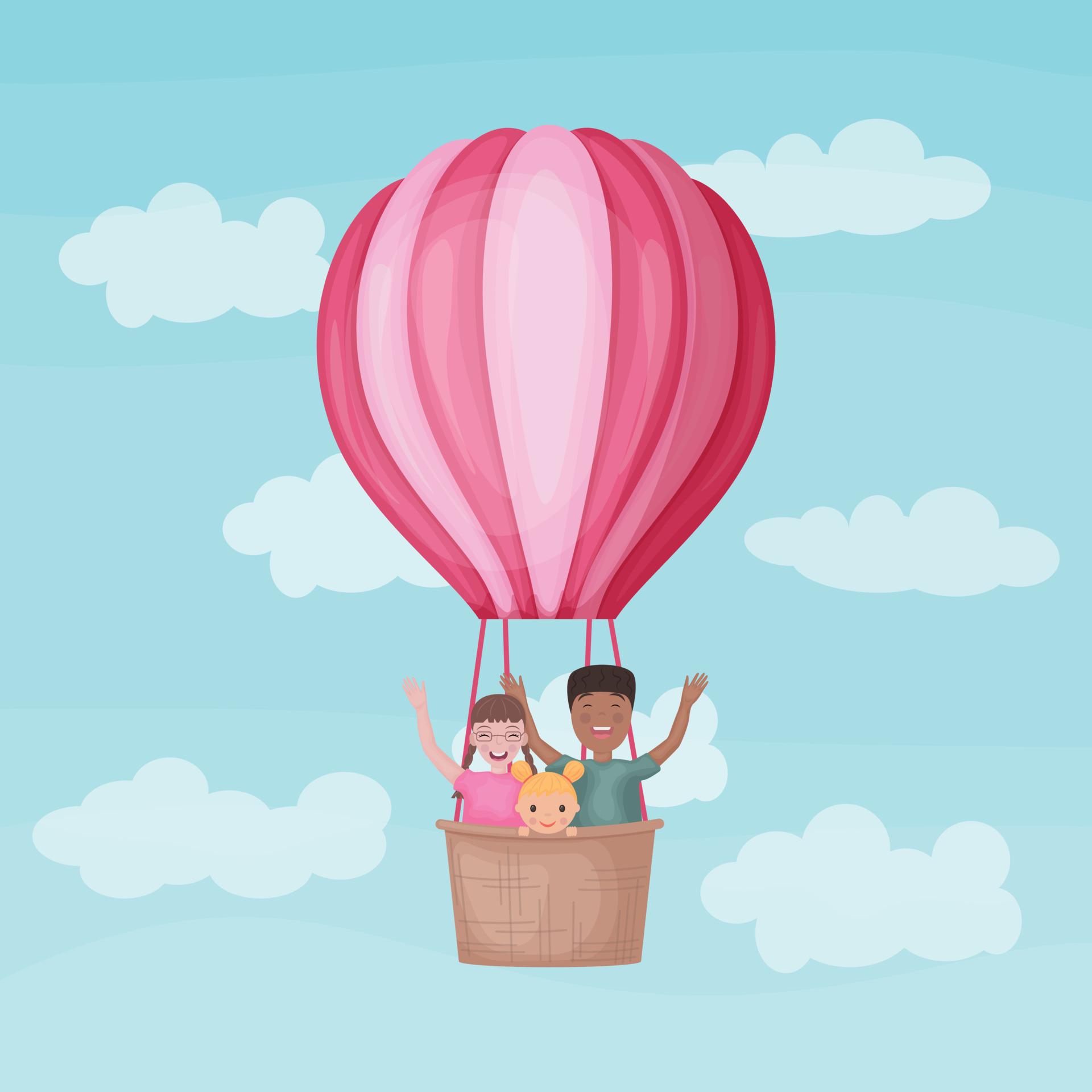 Balloon with children. Different black and white children in a hot air balloon. Funny kids are ...