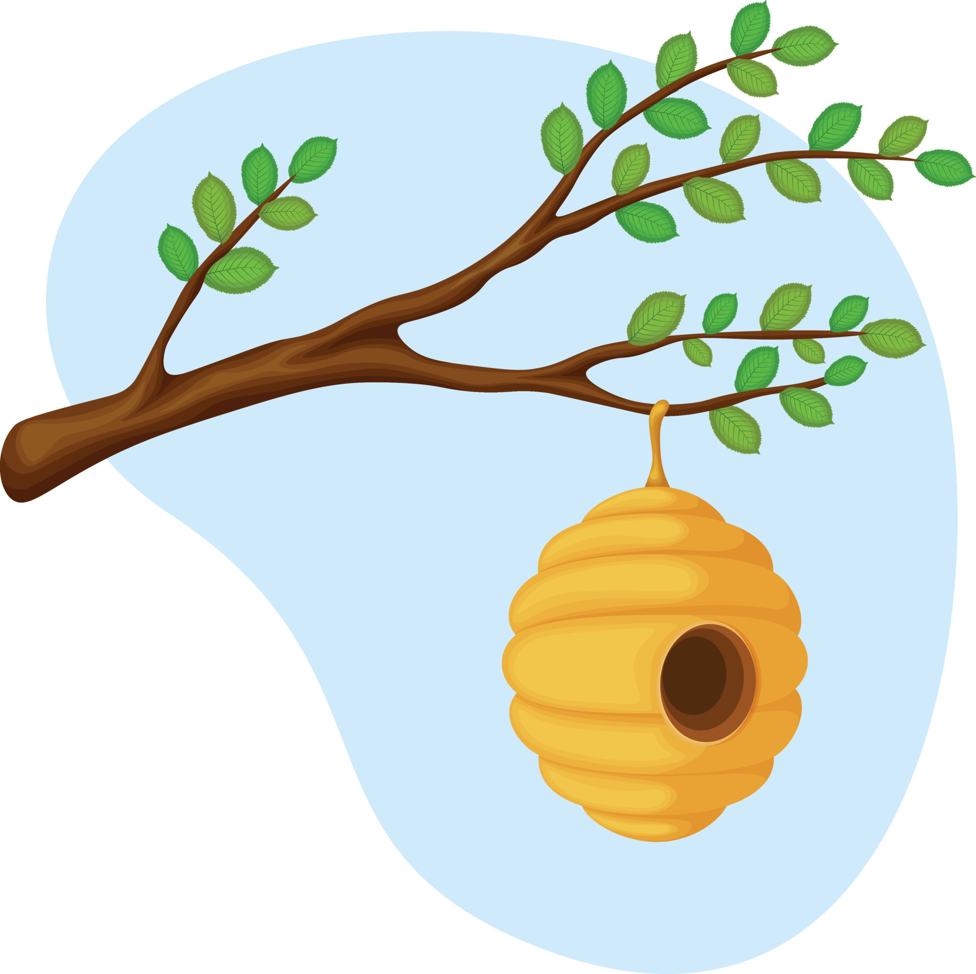 Hive. Yellow cartoon bee hive. A beehive on a tree branch. Vector ... Hive. Yellow cartoon bee hive. A beehive on a tree branch. Vector ...