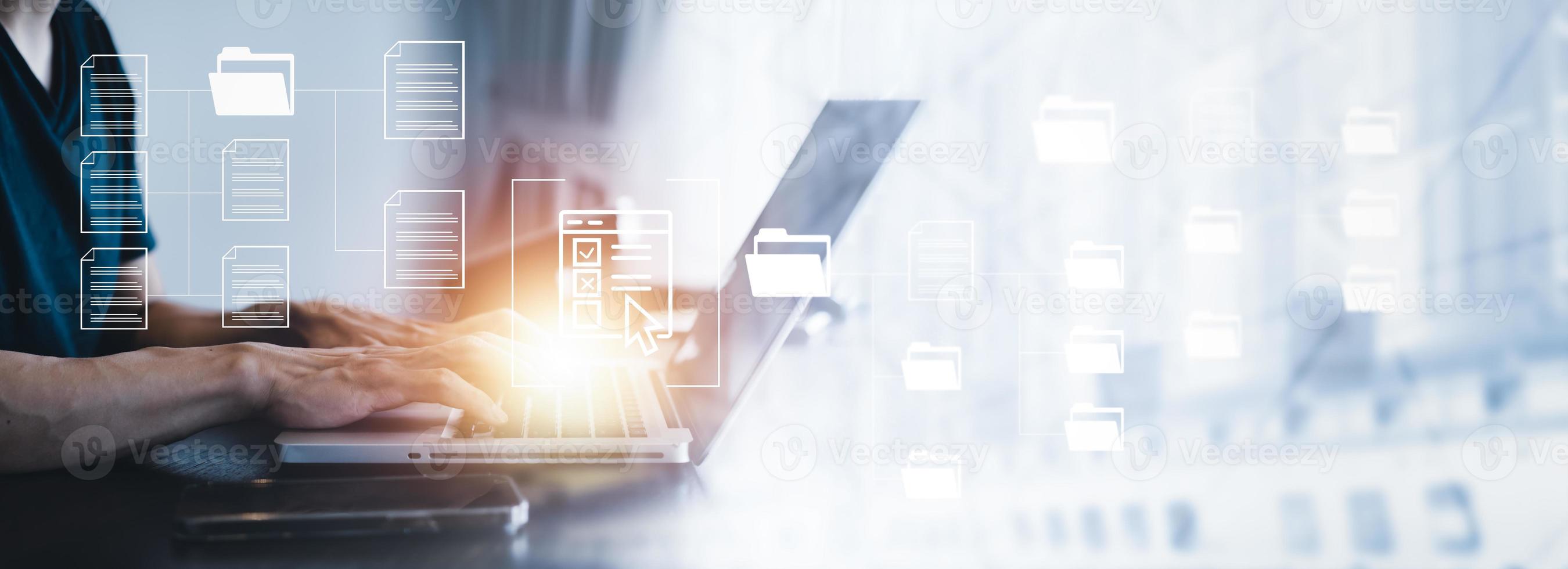 Businessman working on laptop with virtual screen. Online documentation database, IT consultant ...