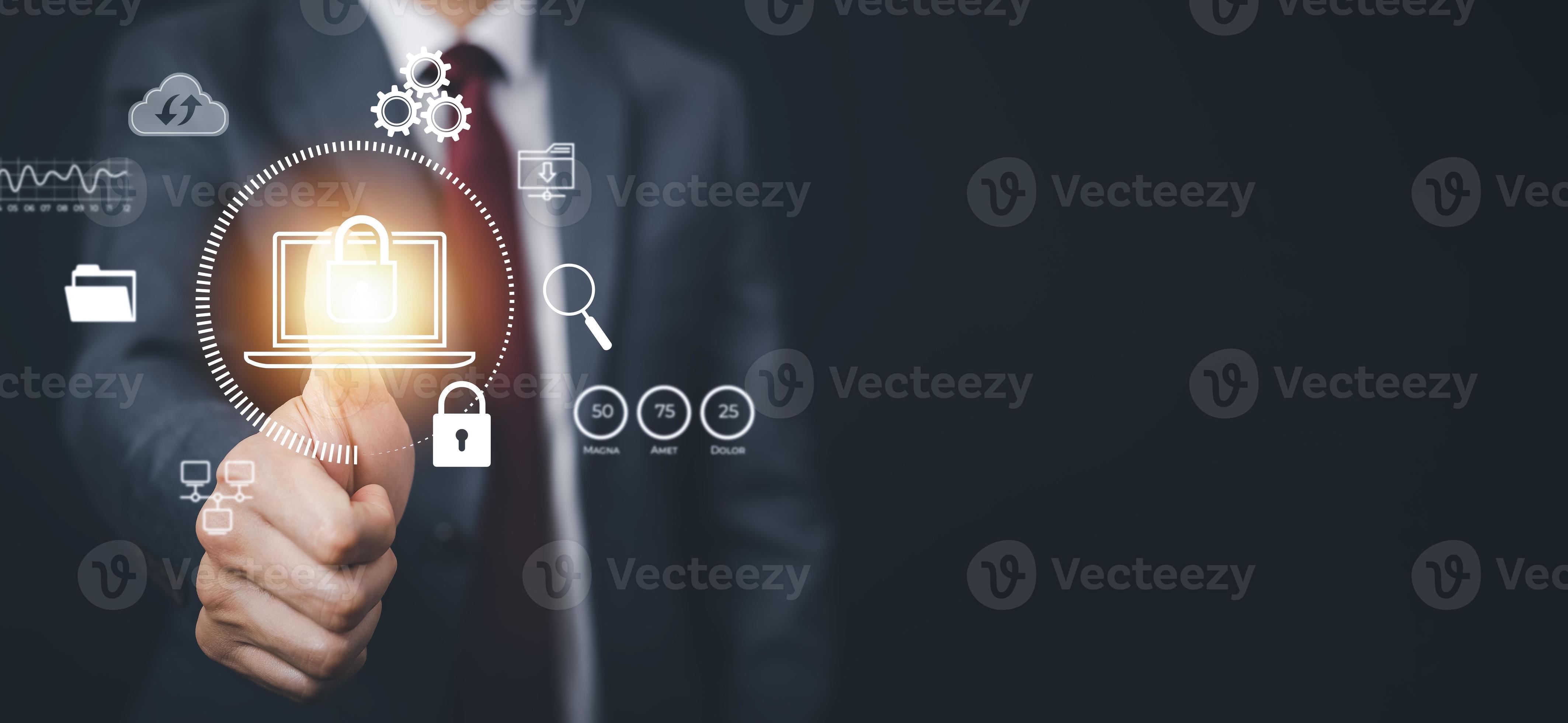 Businessman hand touch virtual screen. Online documentation database, IT consultant being set up ...