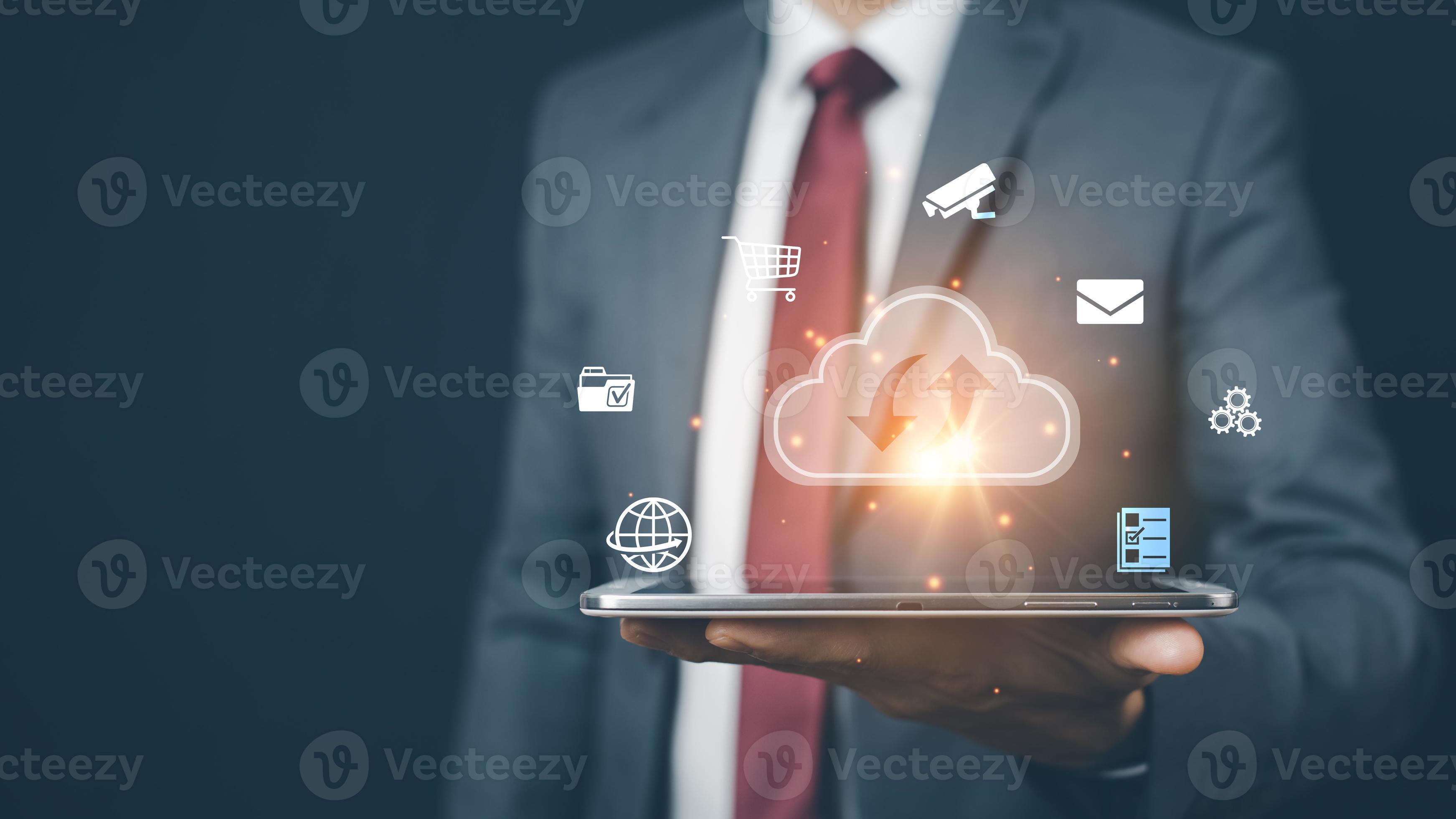 Man hold tablet with data information on the Cloud Computing Technology Internet Storage Network ...