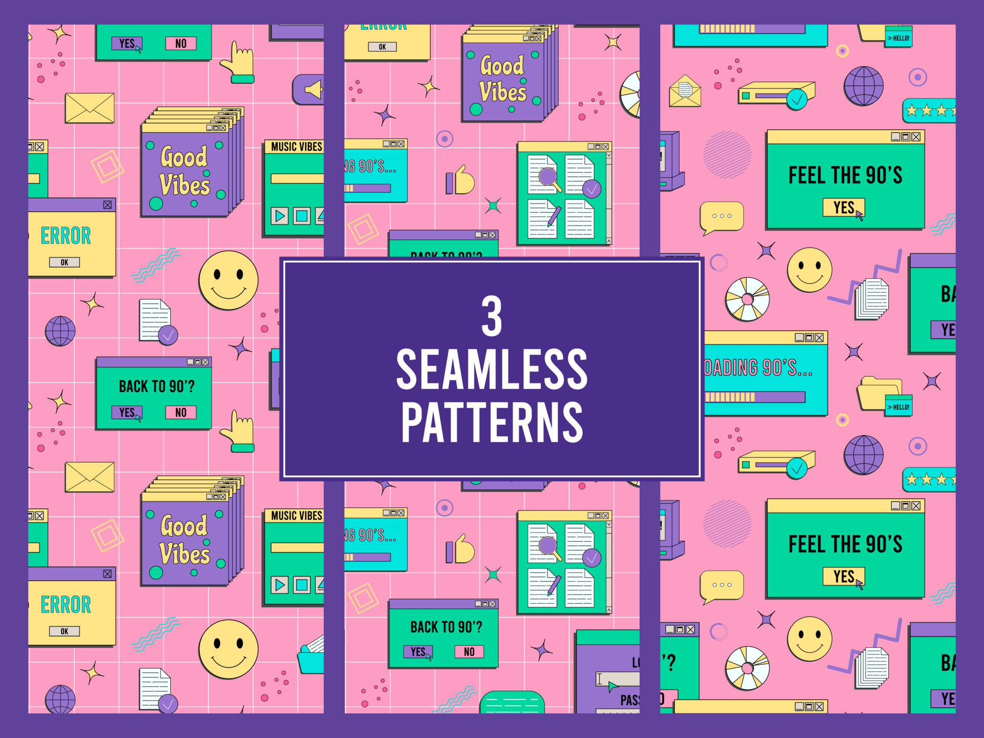 Set Of Vaporwave Ui And Ux Elements Seamless Pattern Pc Retro Game