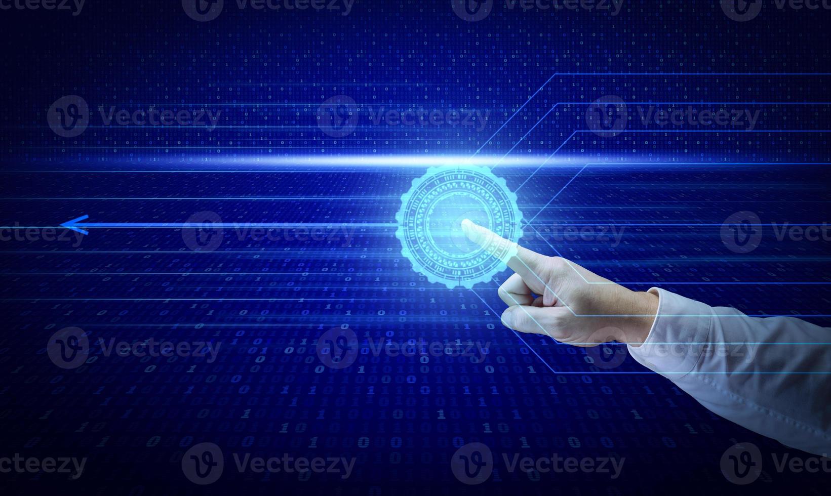 male hand on the background of binary code. Data protection concept ...