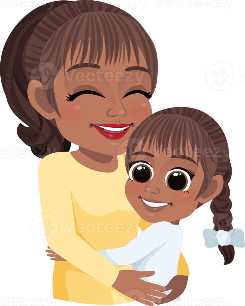 Cartoon Character With American African Mom And Daughter Embrace