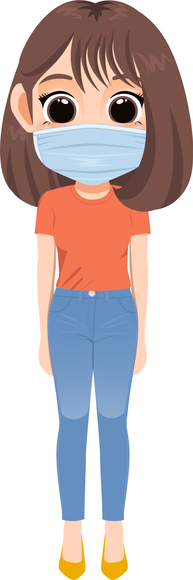 Cute Girl Wearing Face Mask Front Side Cartoon Character Flat Icon Png