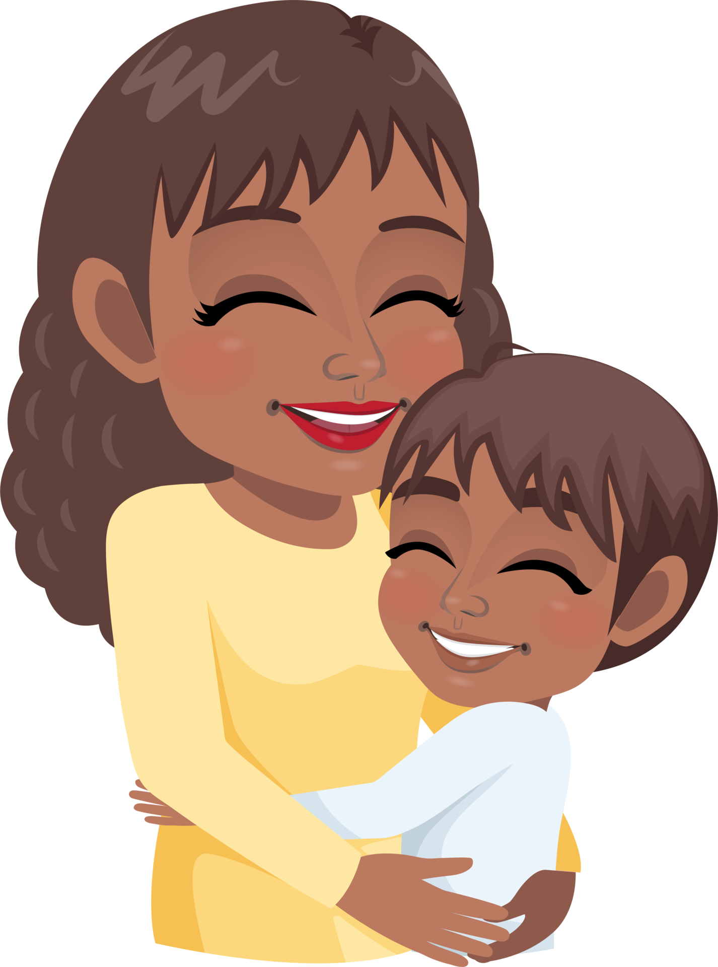 Cartoon Character With African American Mom And Son Embrace Mother Is