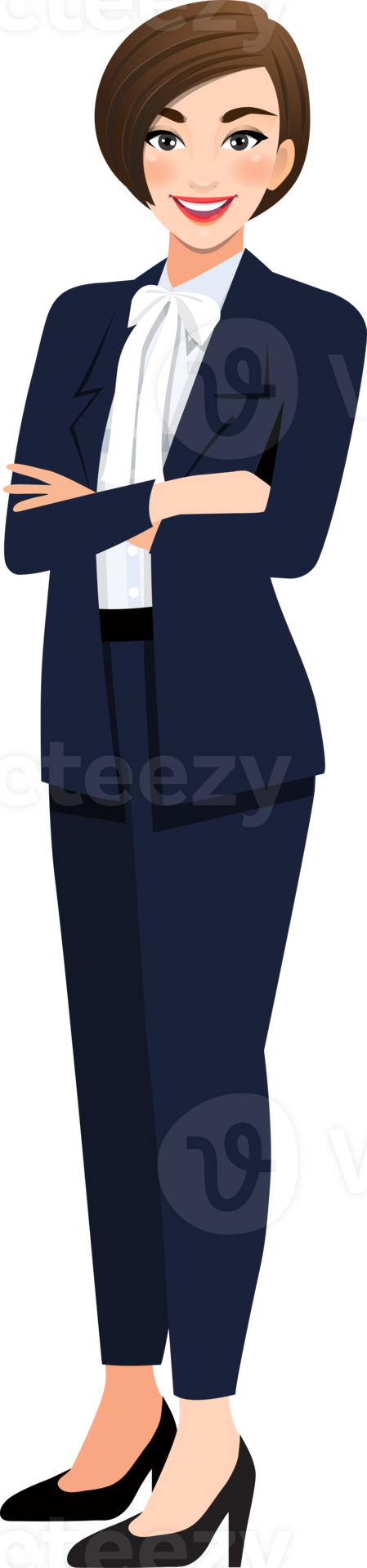 Flat Icon With Businesswoman Cartoon Character In Office Style Smart Suit And Crossed Arms Pose