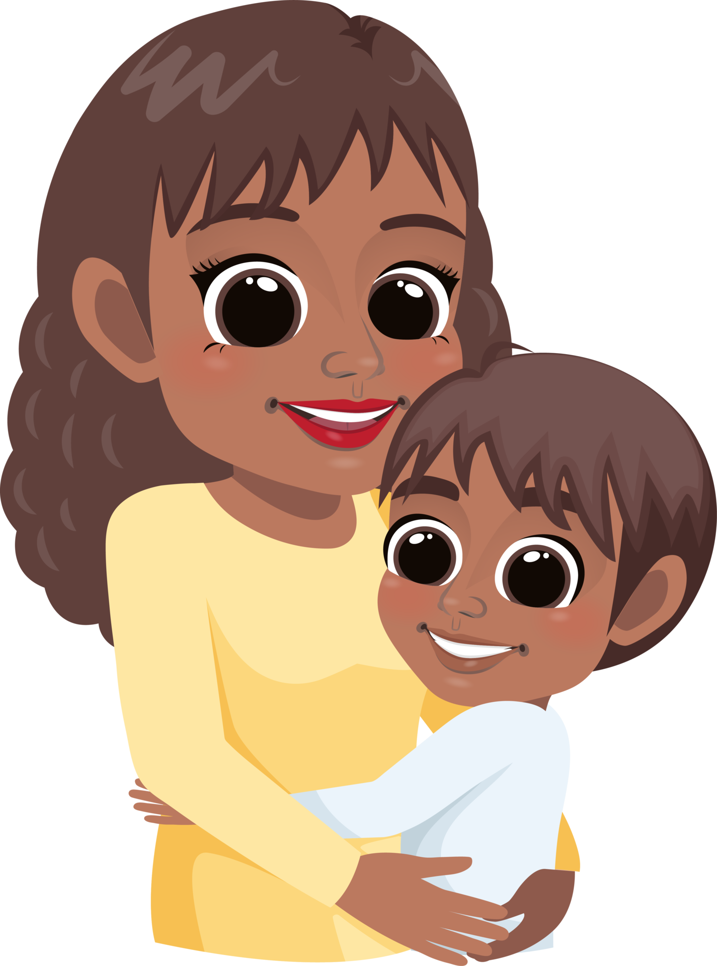 Cartoon Character With African American Mom And Son Embrace Mother Is