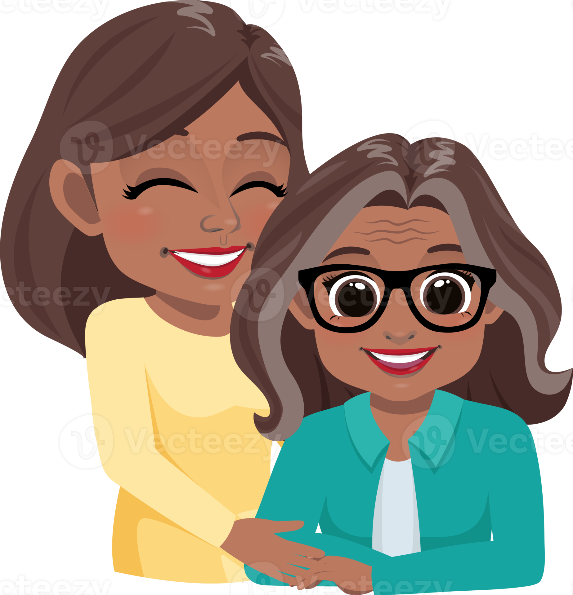 Cartoon Character With Old American African Mom And Daughter Embrace