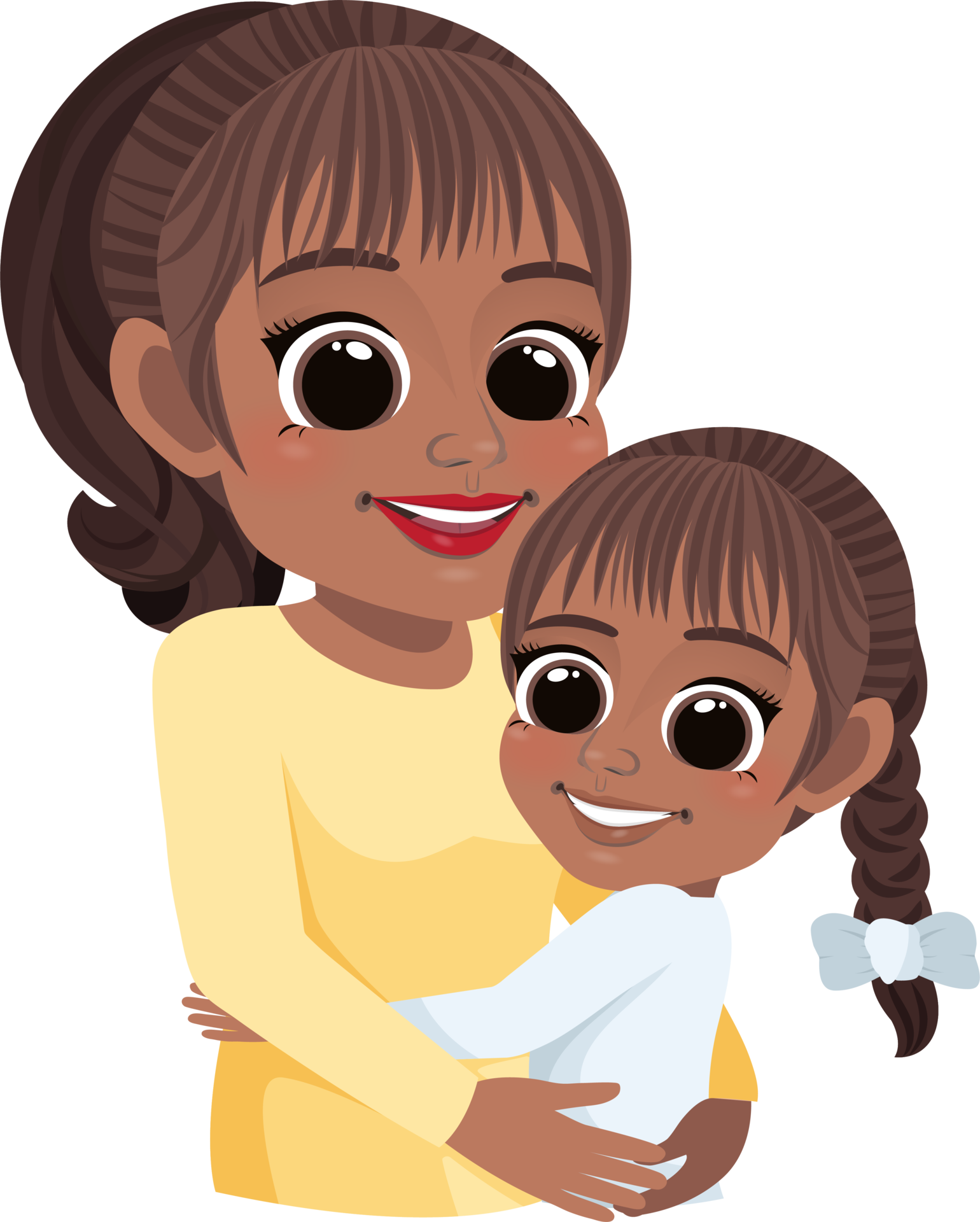 Cartoon Character With American African Mom And Daughter Embrace