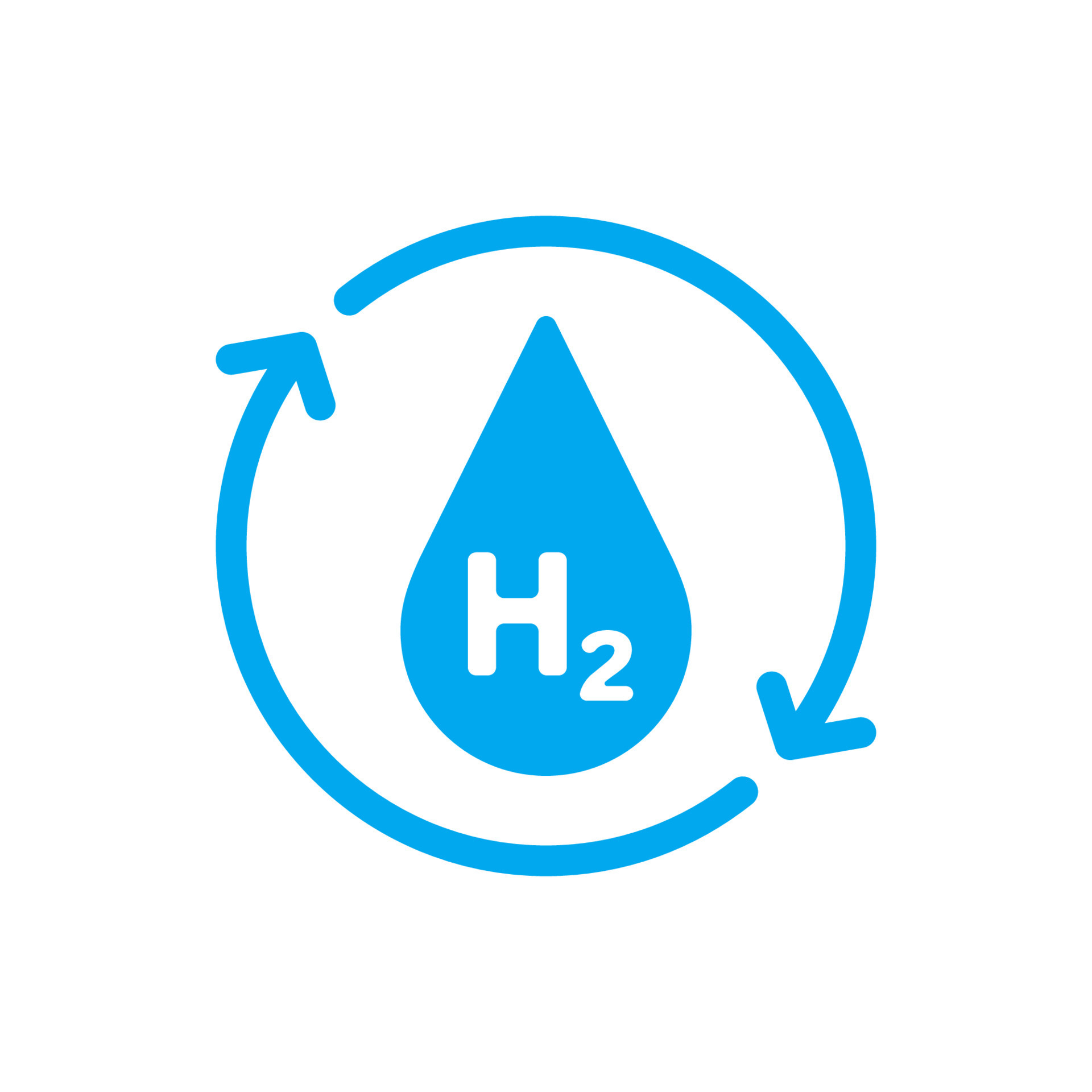 Hydrogen H2 icon. Renewable energy source. Blue water drop with two round arrows and hydrogen ...