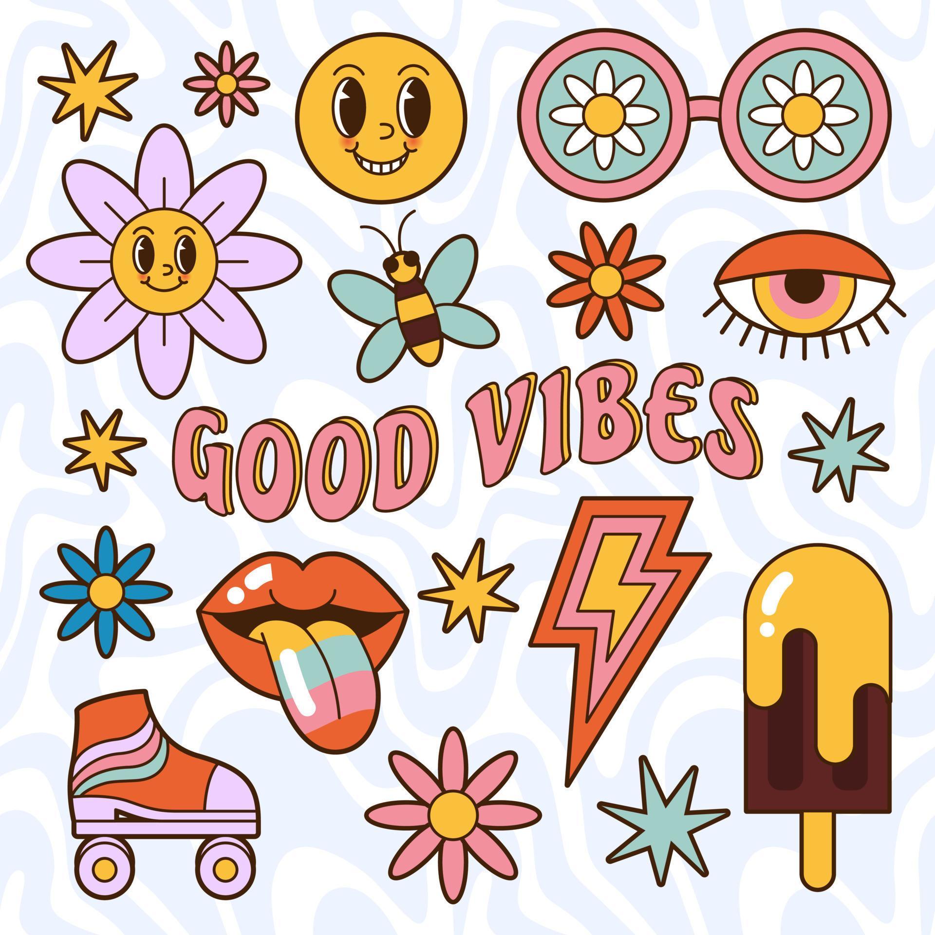 Cartoon 70s vibe groovy elements, cute funny hippy stickers. Set of vector hippie retro stickers ...