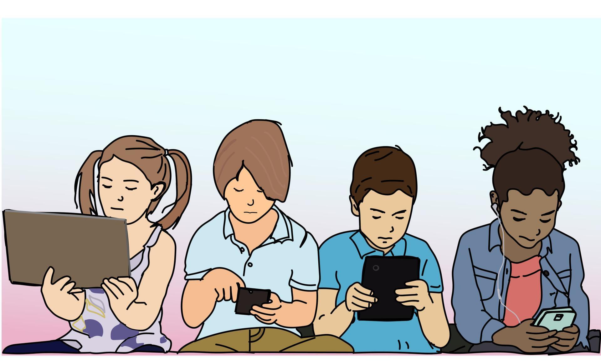 Cartoon boy and girl using smartphones for playing games or texting ... Cartoon boy and girl using smartphones for playing games or texting ...