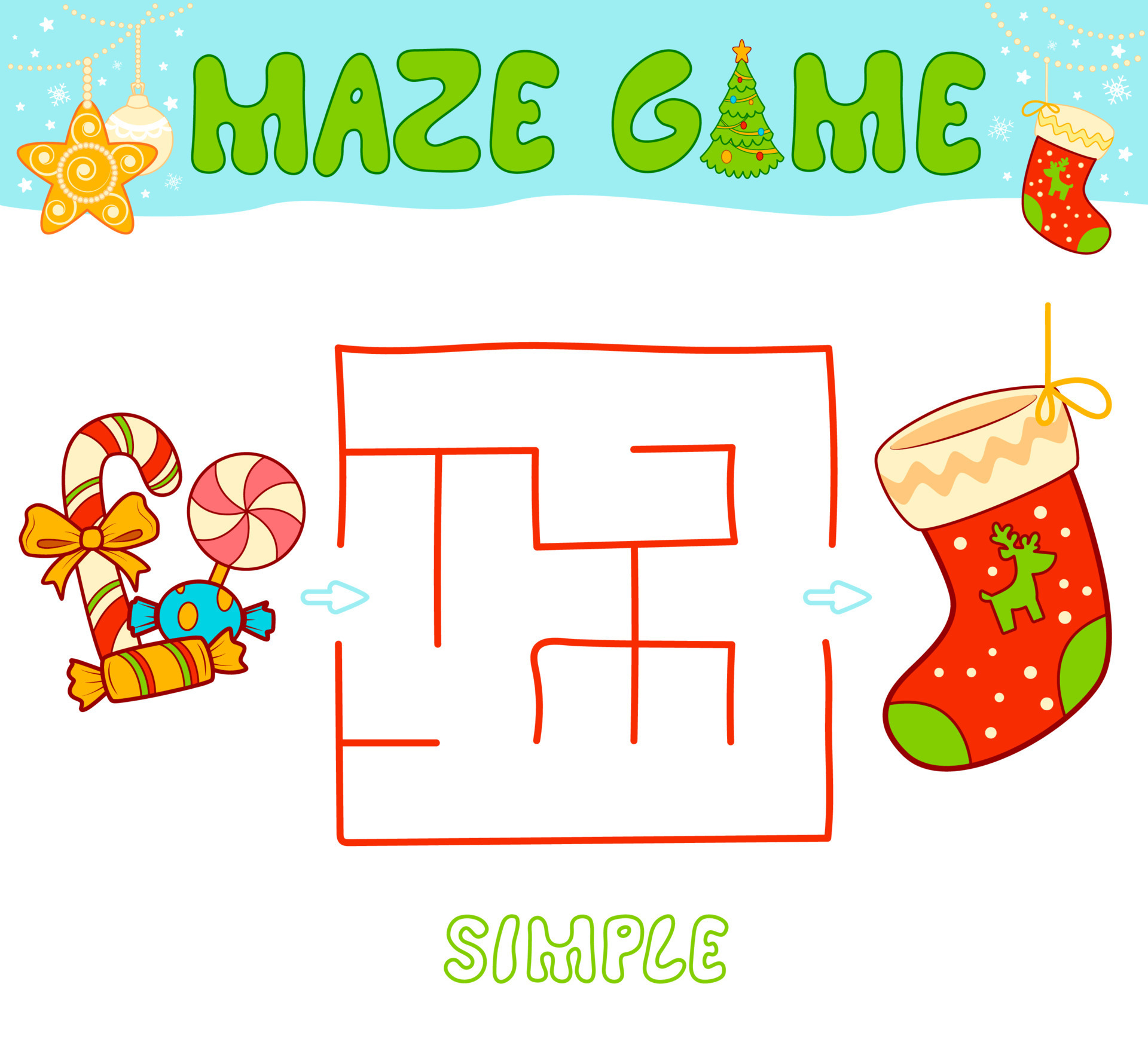 Christmas Maze puzzle game for children. Simple Maze or labyrinth game ...