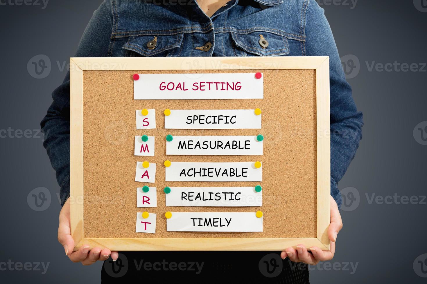 Smart goal setting idea on a pinboard in the hand of a woman person wearing a denim shirt on a ...