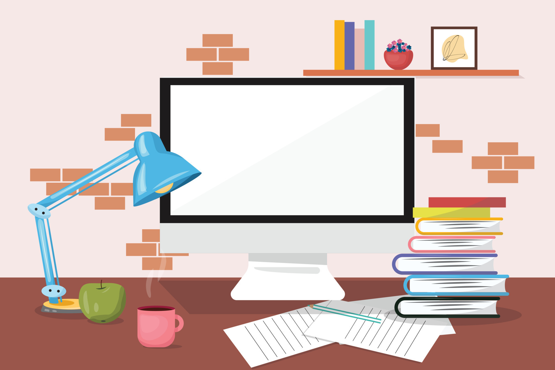 espacio de trabajo ilustración en plano diseño. escritorio, lámpara, café, libros, documentos ...