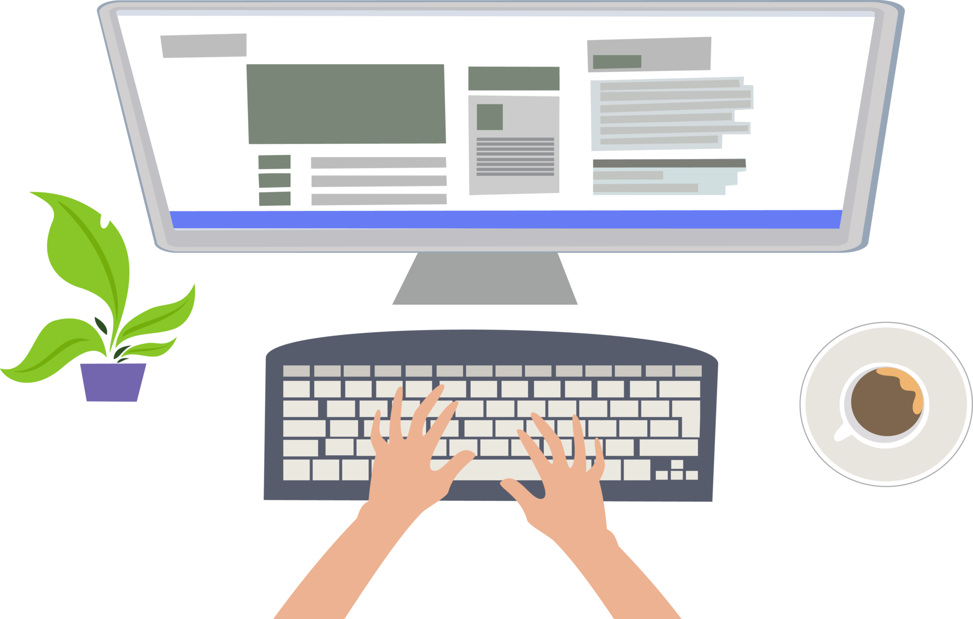 working on a computer and coffee. illustration view of above hand ...