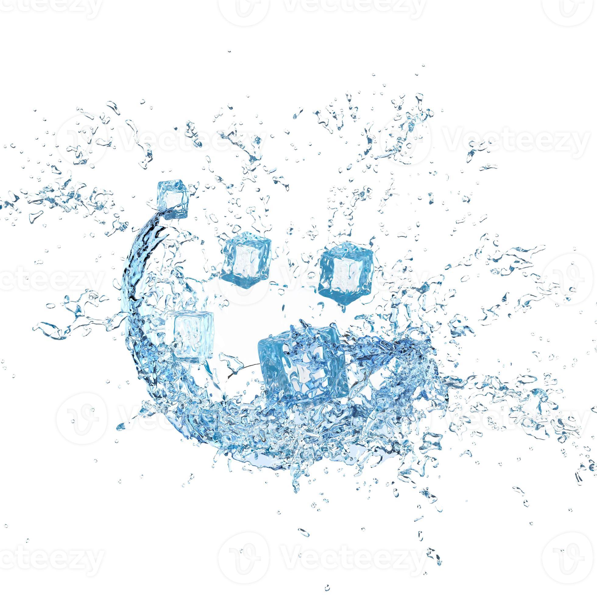 3d ice cubes with water splash transparent, clear blue water scattered around isolated on white ...