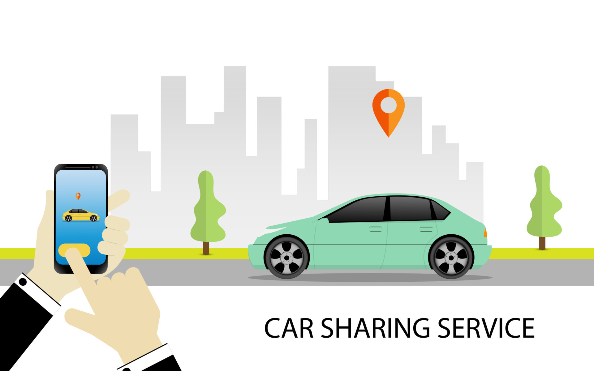 Vector Illustration Of Car Sharing Service Or Online Transportation