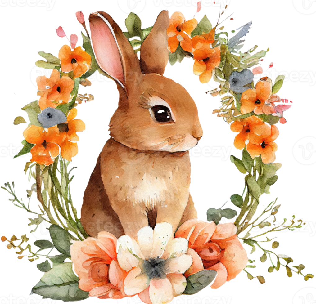 Easter Bunny With Flowers Watercolor Illustration 19900153 Png