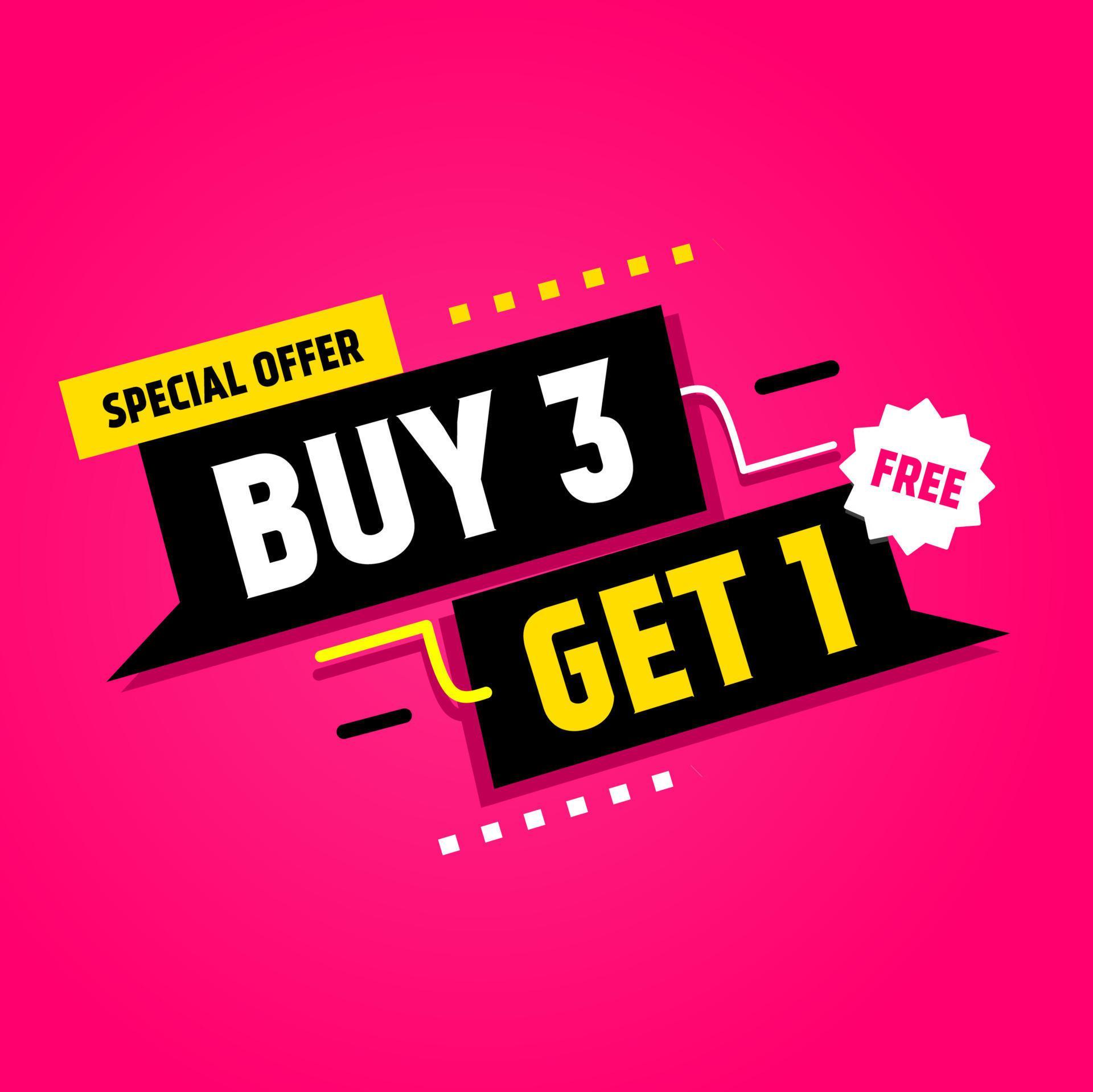 Buy 3 get 1 free banner design. Special offer. Sale banner design. Flat vector illustration ...