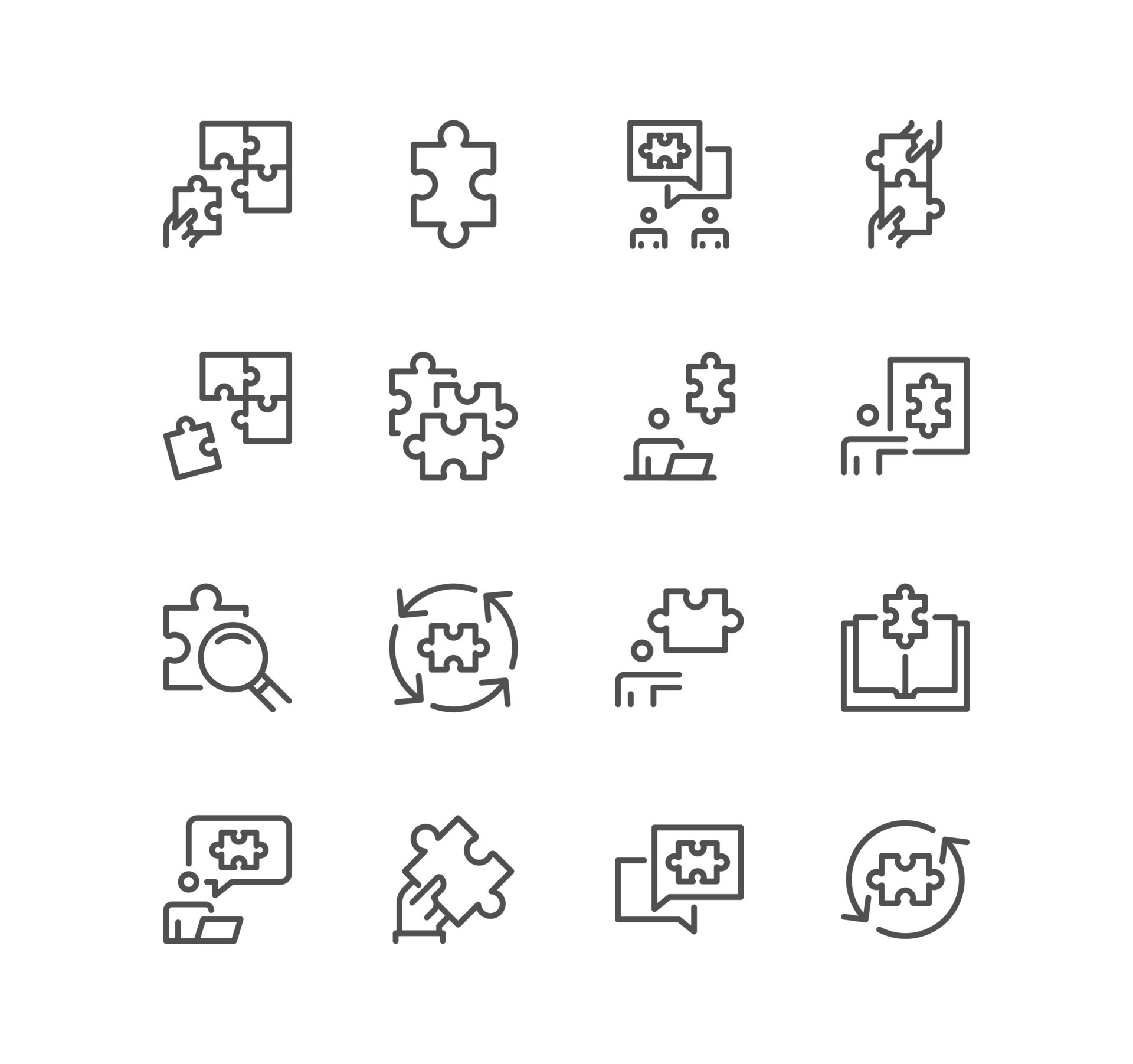 Set of puzzle related icons, thinking man, problem discussion, puzzle ...