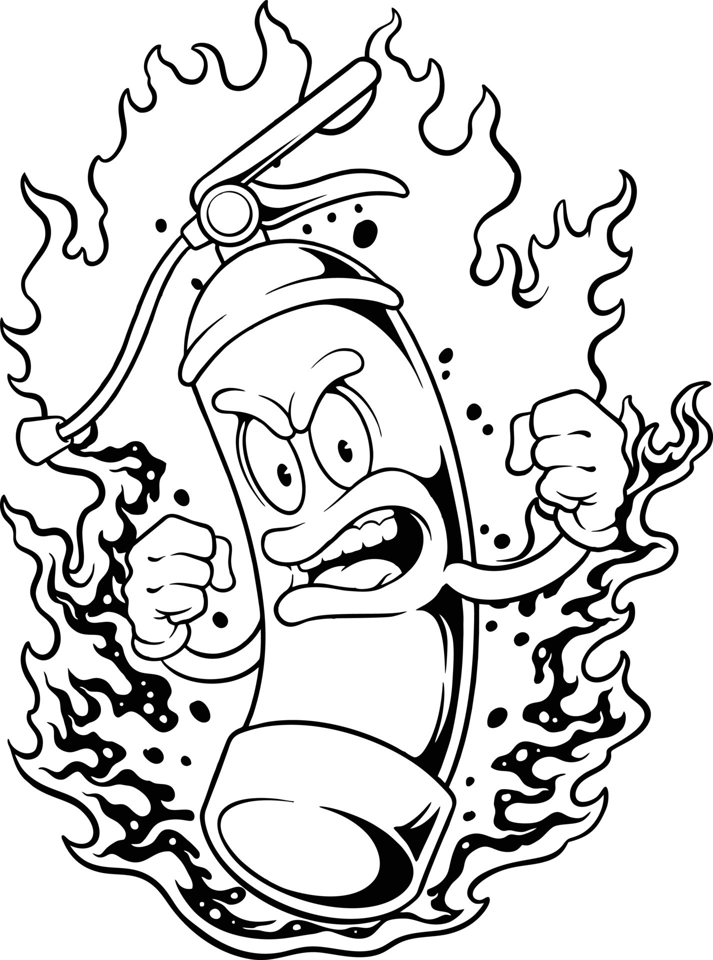 Evil Fire Extinguisher Mascot Cartoon Monochrome Vector For Your Work