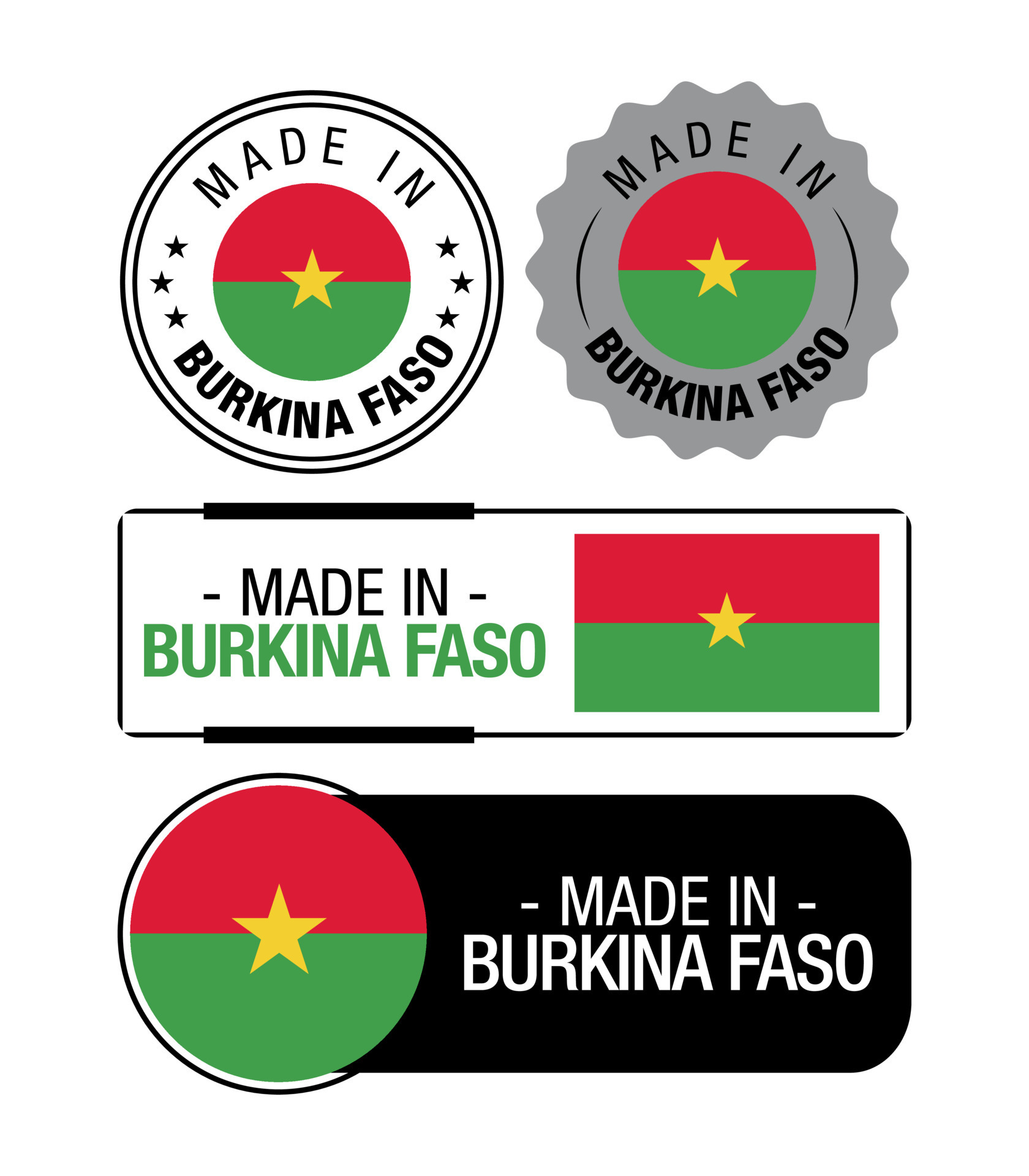 Set of Made in Burkina Faso labels, logo, Burkina Faso Flag, Burkina ... Set of Made in Burkina Faso labels, logo, Burkina Faso Flag, Burkina ...