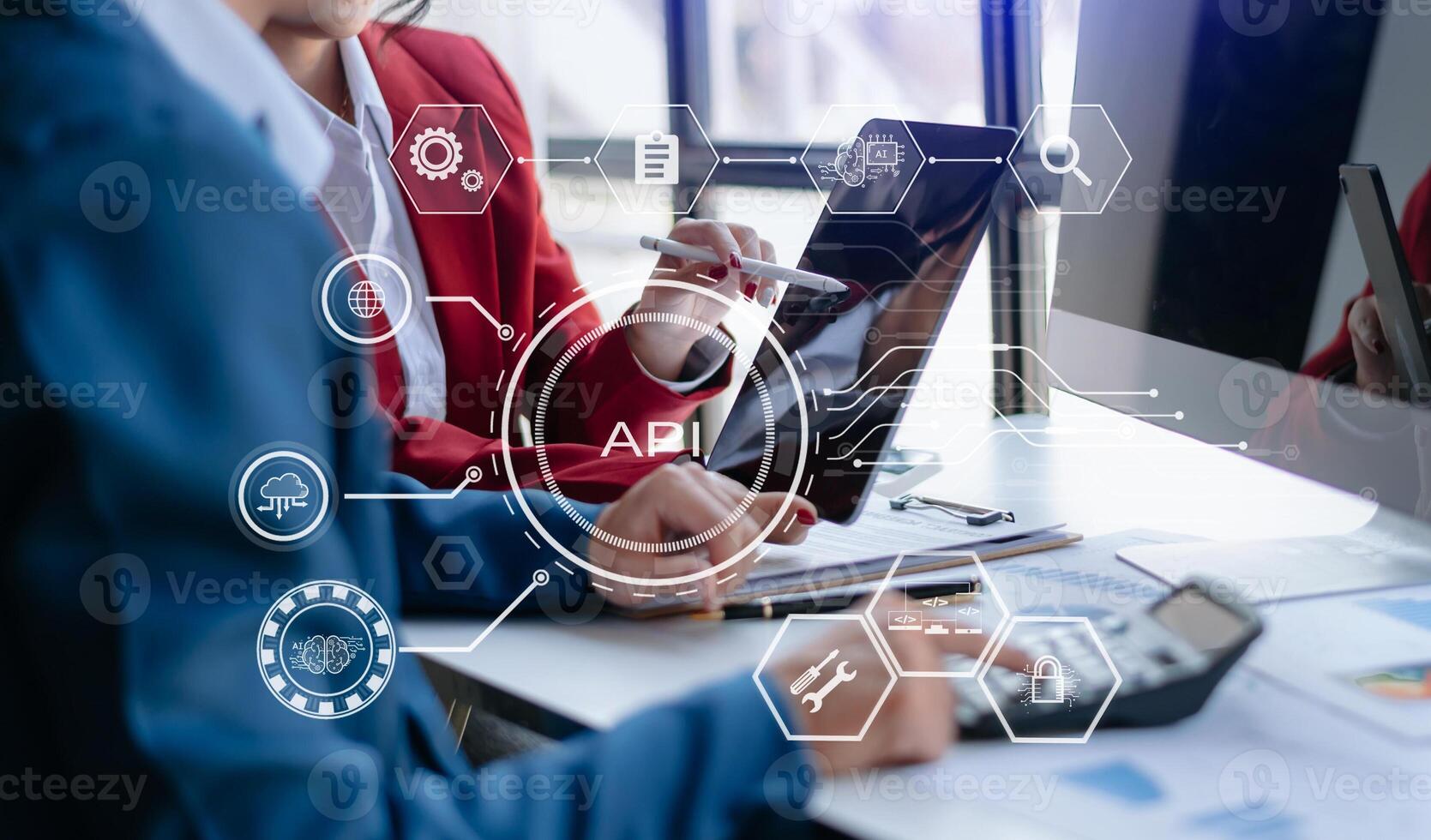 API Application Programming Interface, woman using laptop, tablet and smartphone with virtual ...