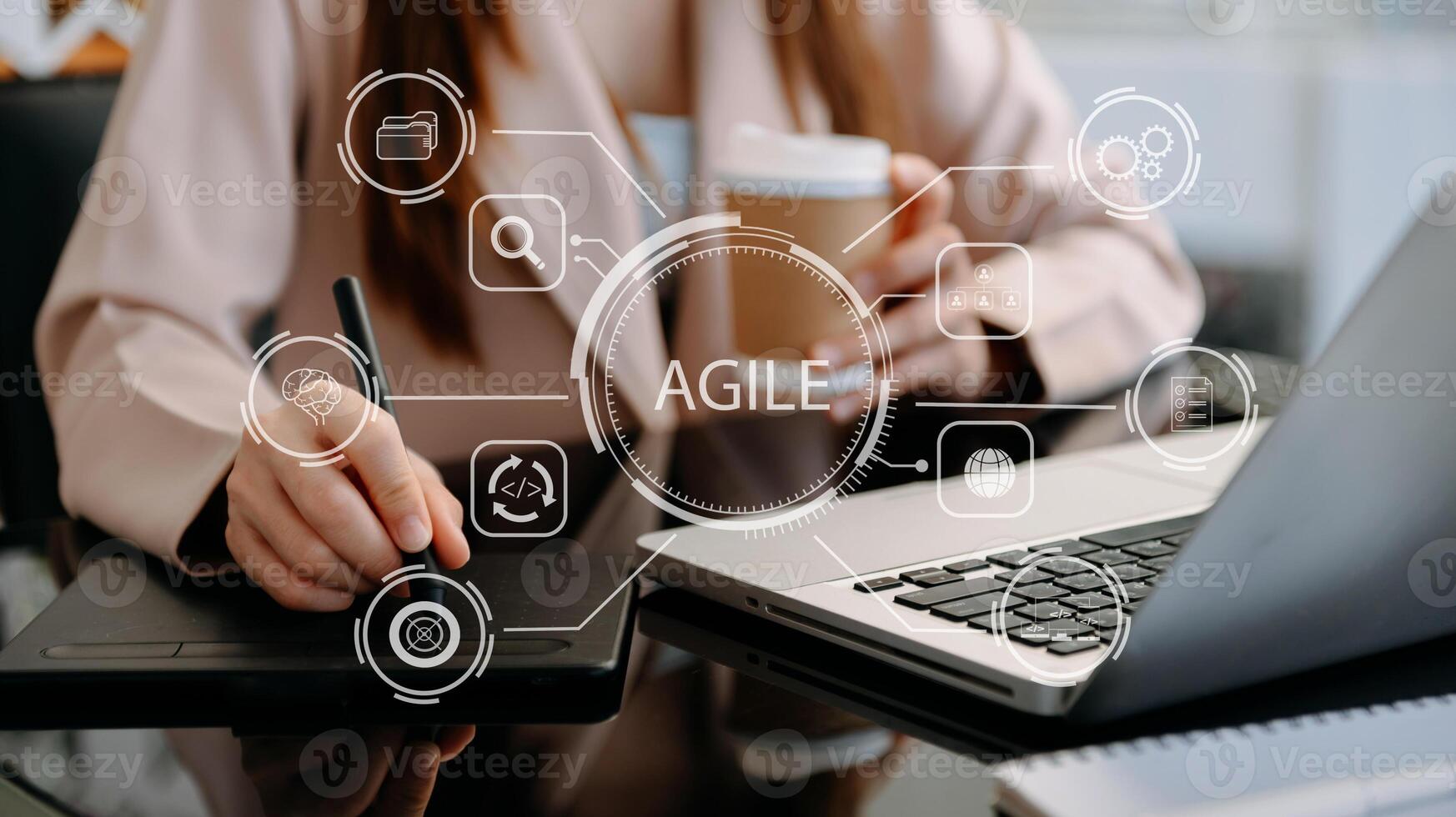 Agile development methodology concept. Business hand using laptop and ...