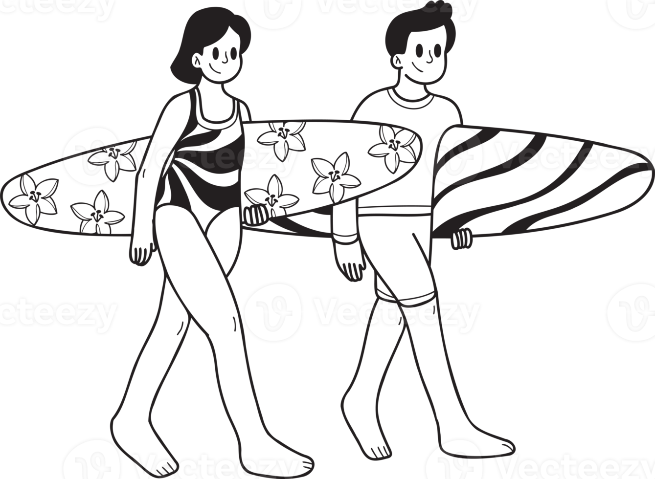Hand Drawn Tourist Couples With Surfboards Illustration In Doodle Style 20005884 Png