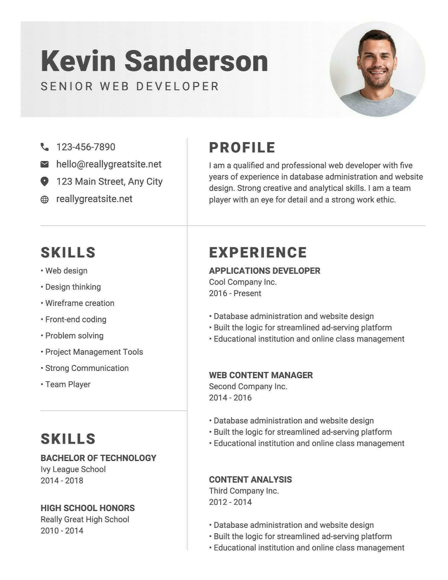 Simple Standard Web Developer Resume Template (Editable) 20010901 Template