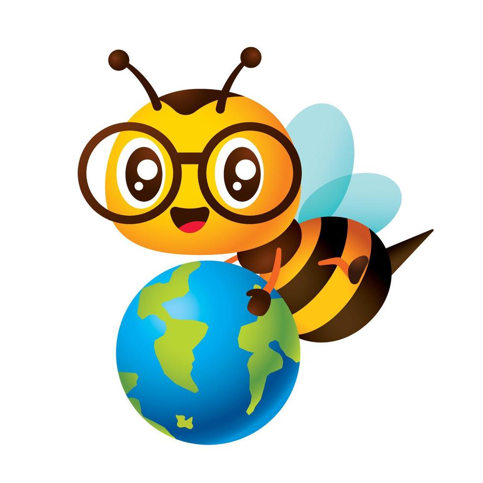 Cartoon cute bee with glasses holding a globe toy character vector ...